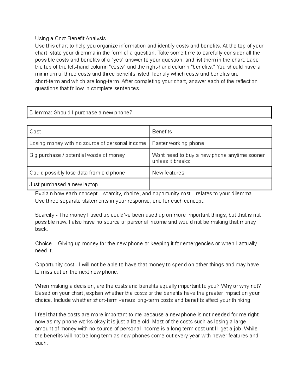01.02 Cost-Benefit Analysis: Evaluating Phone Purchase Dilemma - Studocu