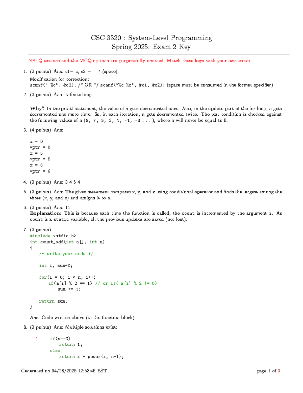 CSC 3320 Spring 2025: System-Level Programming Exam 2 Key - CSC 3320 : System-Level Programming ...