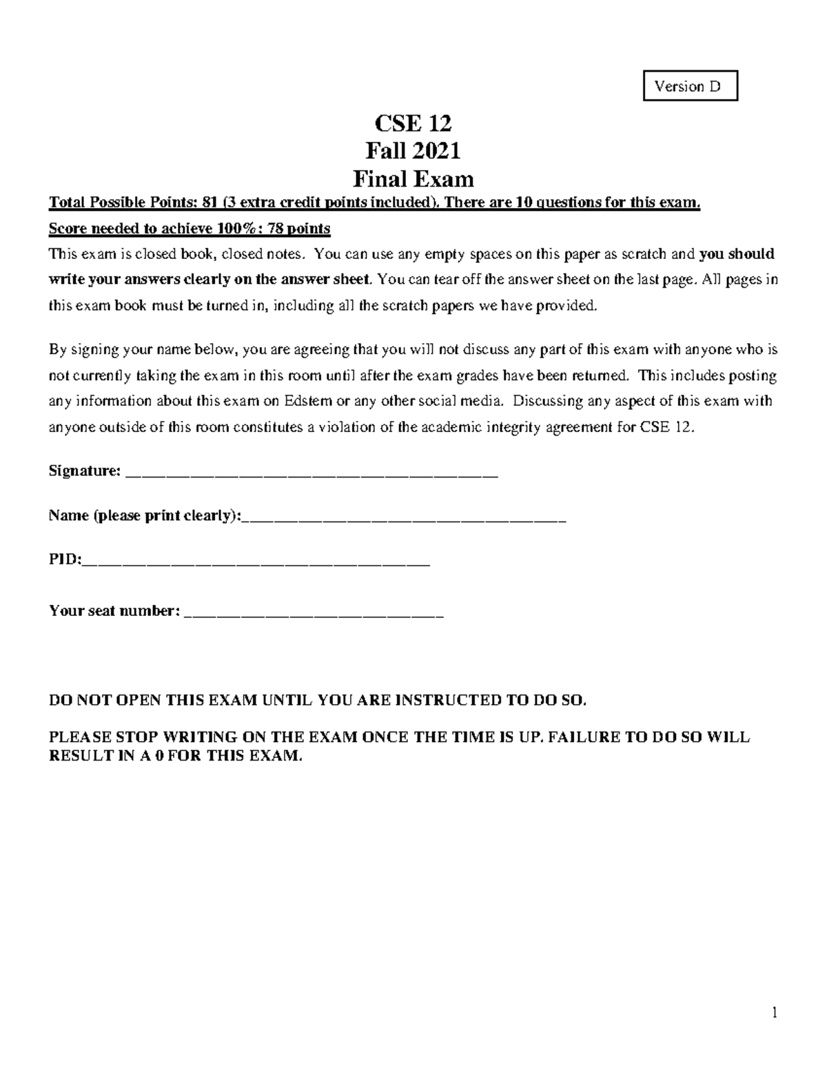 CSE 12 Fall 2021 Final Exam - Studocu