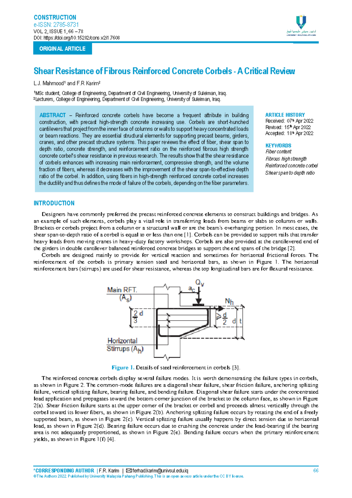 Shear Resistance of Fibrous Reinforced Concrete Corbels: A Review (CIV ...