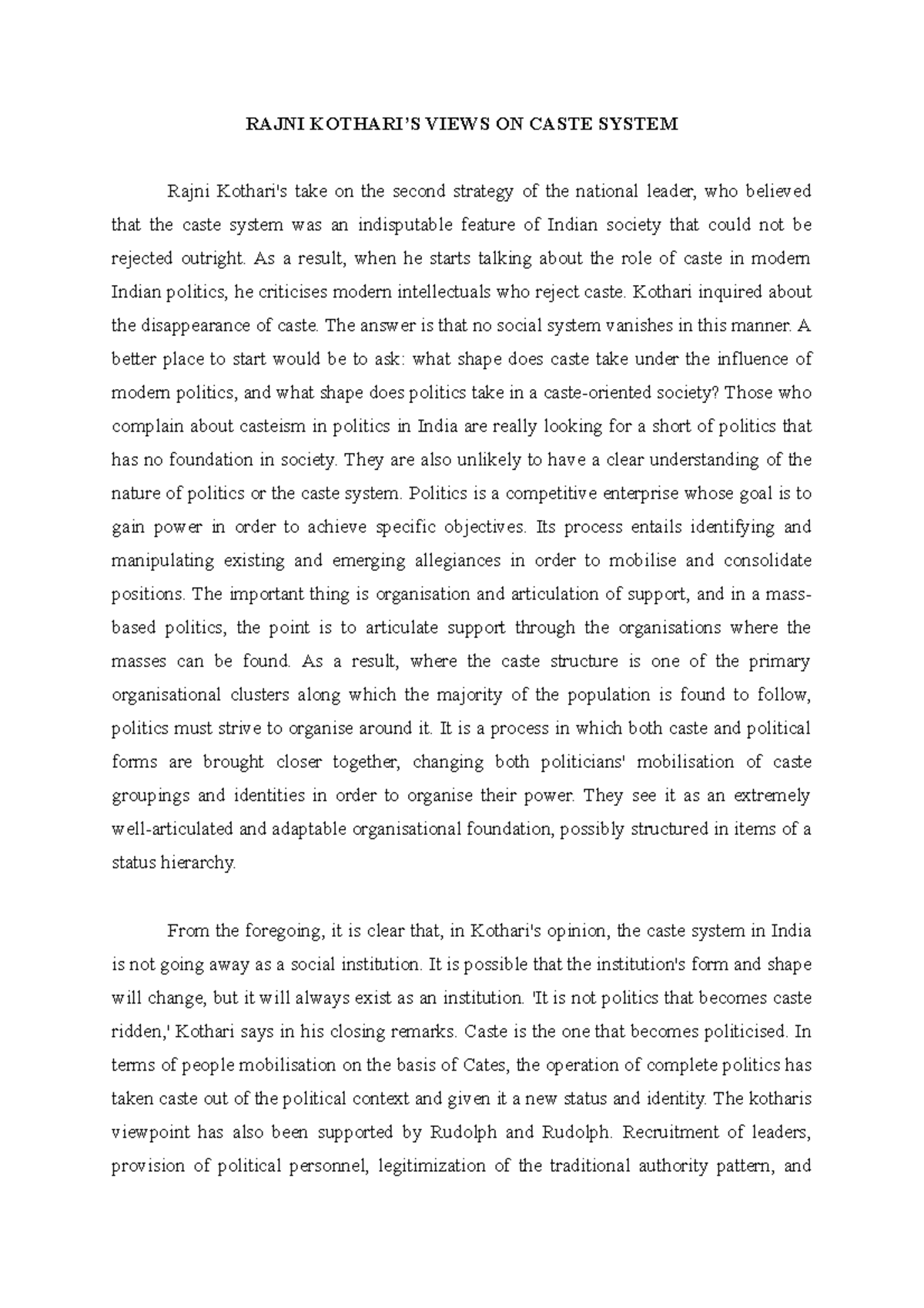 Rajni Kothari’S Views ON Caste System - RAJNI KOTHARI’S VIEWS ON CASTE ...