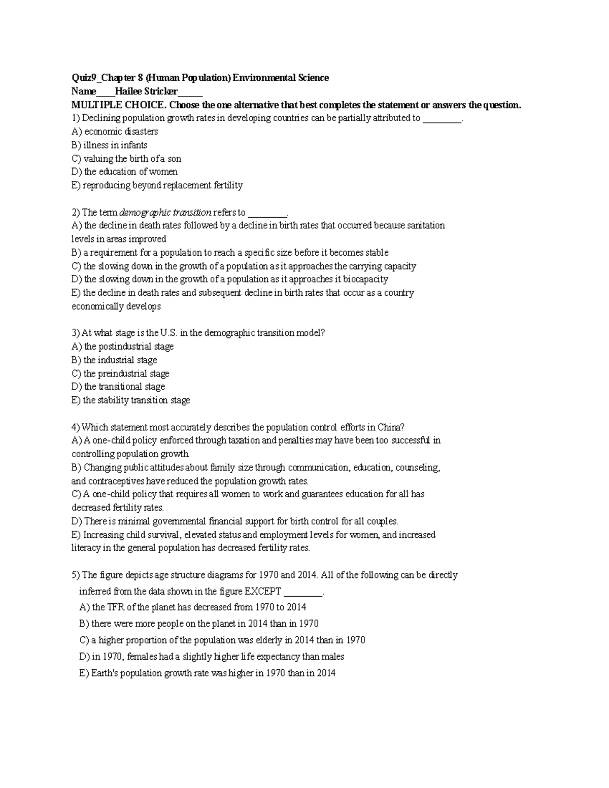 Quiz 9 - Chapter 8 (Human Population) Environmental Science - Studocu