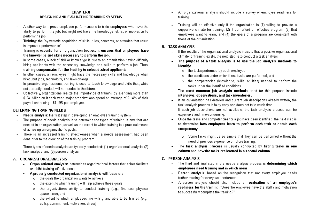 Chapter 8: Training Systems Design & Evaluation Methods - Studocu