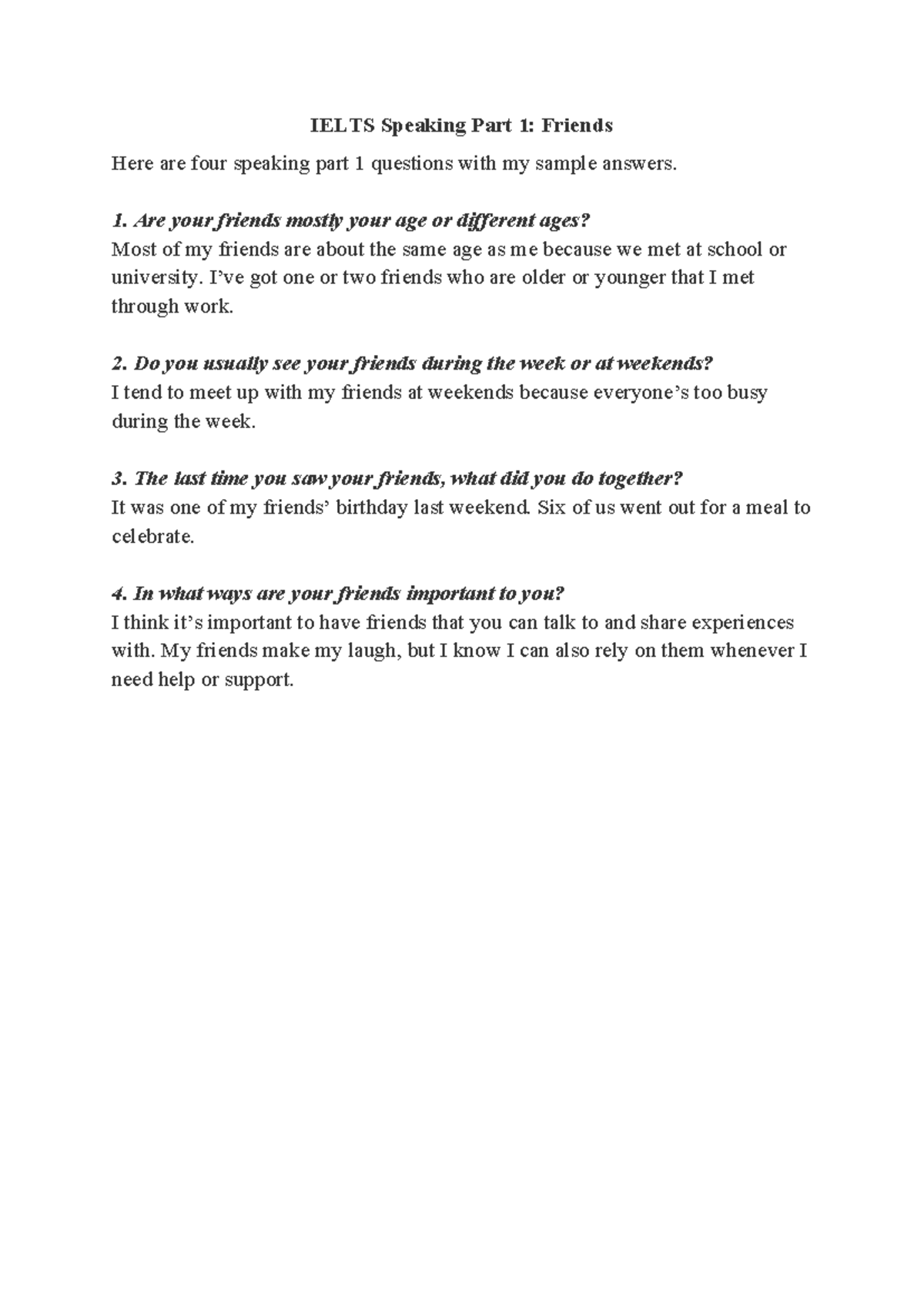 IELTS Speaking Part 1 - Questions and Answers on Friends - Studocu