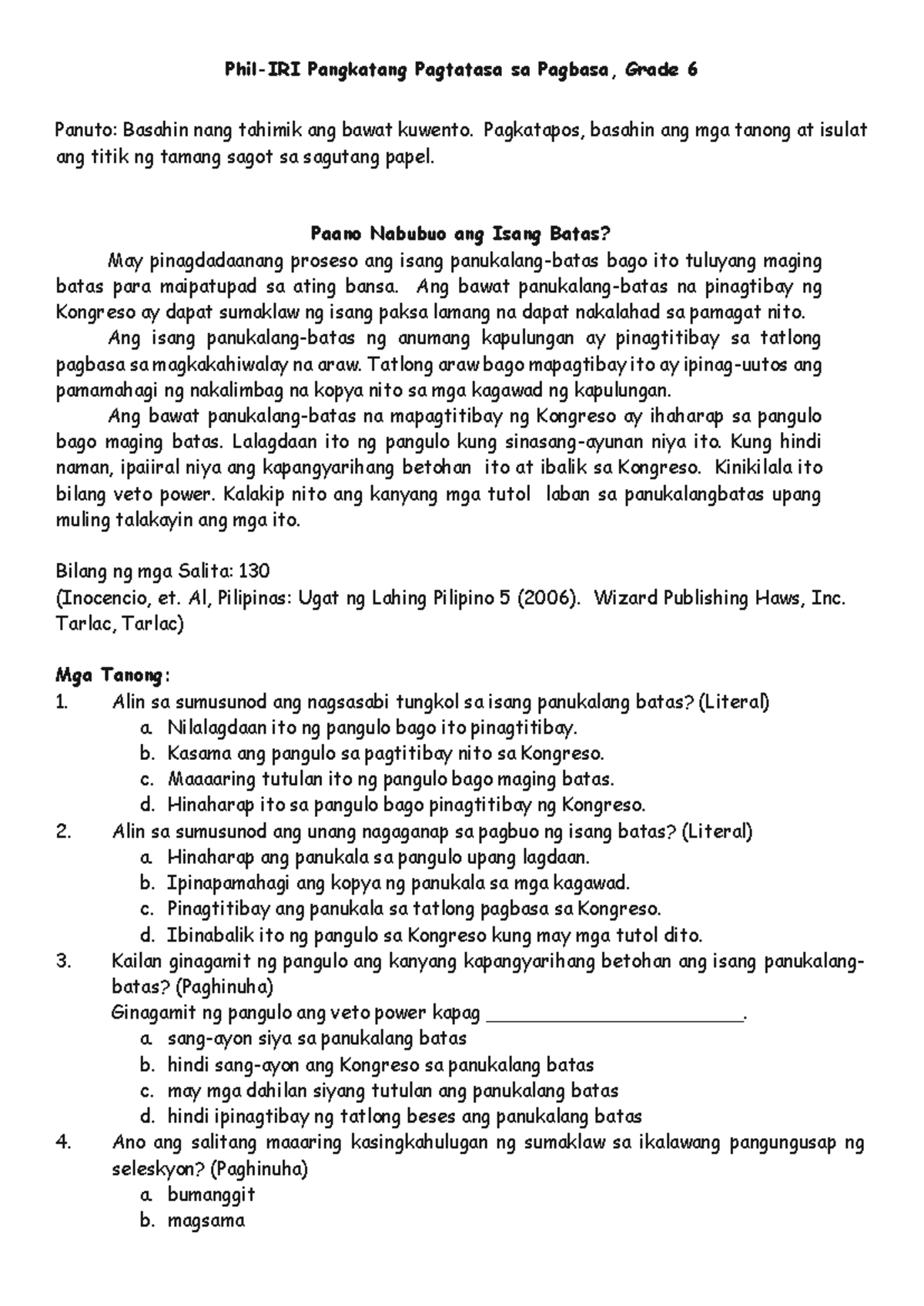 Phil-IRI Grade 6 Selection Assessment Guide and Questions - Studocu