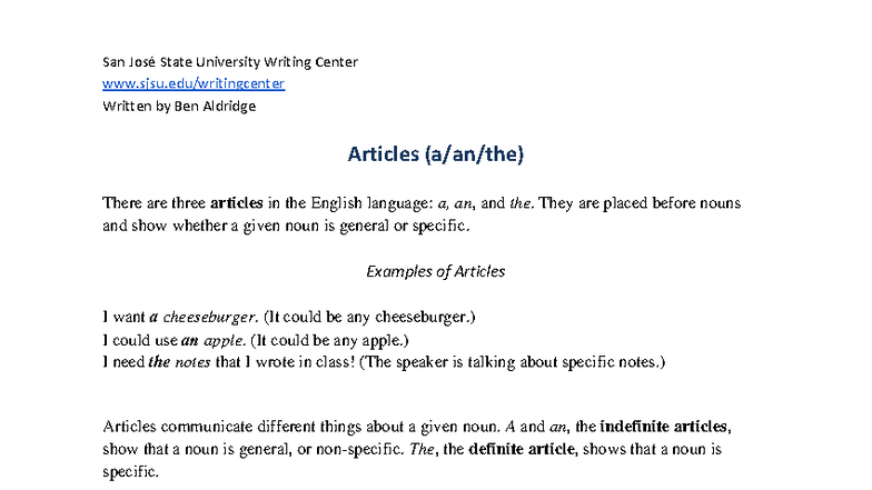 SJSU Writing Center: Understanding Articles (ENG 101) - Studocu