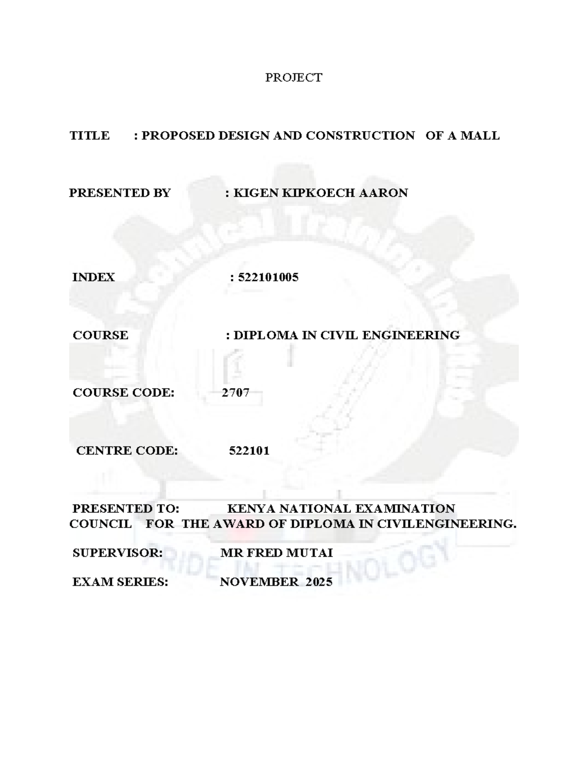 Proposed Design & Construction of a Mall - Diploma in Civil Eng. 2707 ...