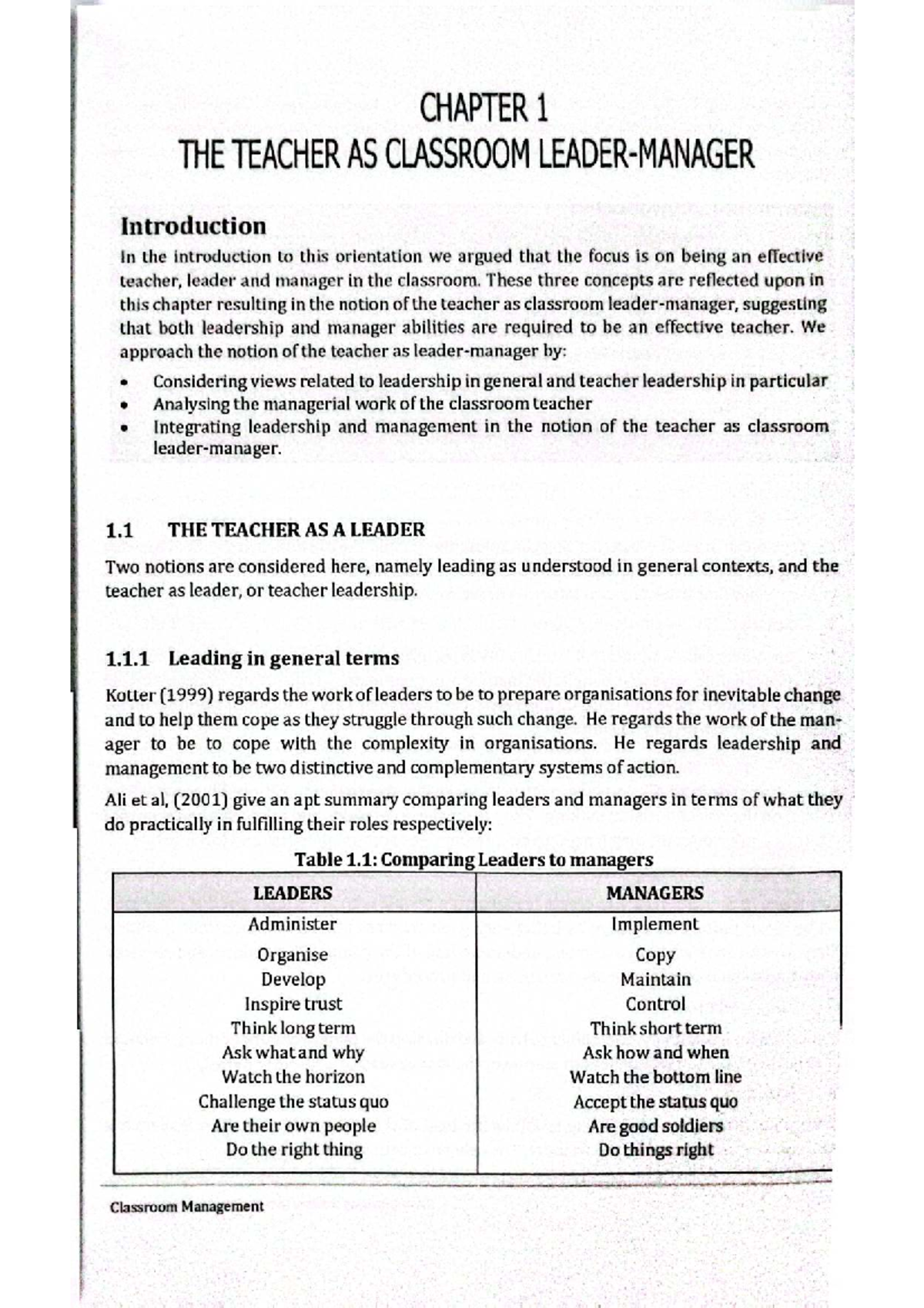 CHAPTER 1: THE TEACHER AS CLASSROOM LEADER AND MANAGER - Studocu