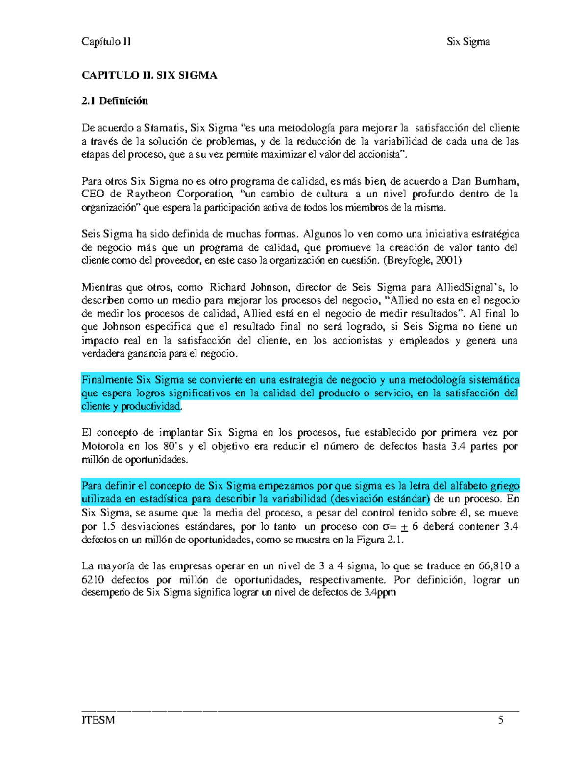 Capítulo II: Six Sigma - Definición y Herramientas (ITESM) - Studocu