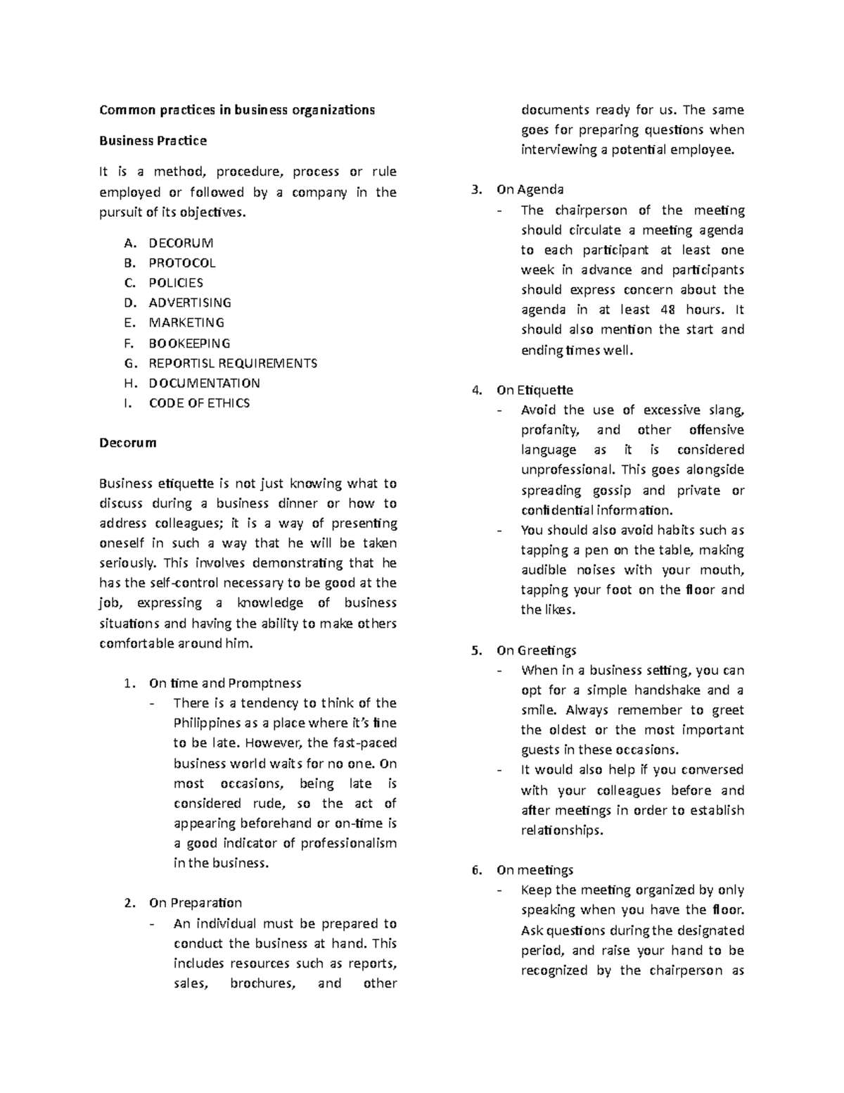 Business Ethics - Common practices in business organizations - Common ...