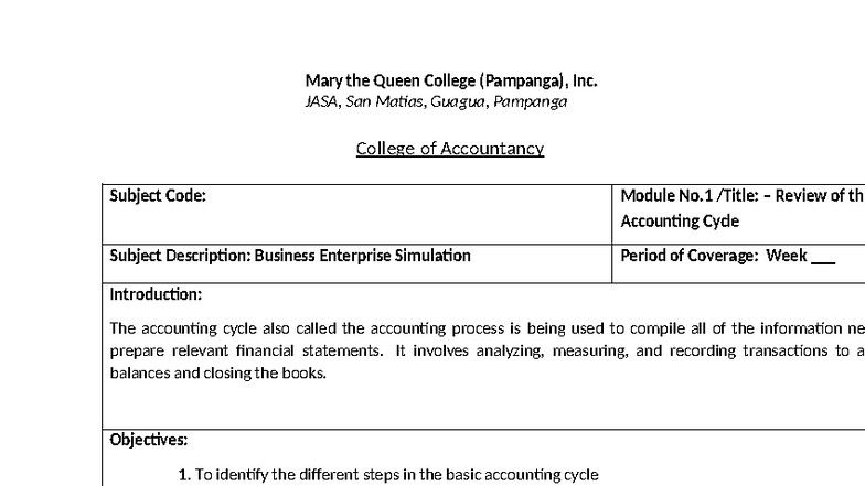 Business Simulation Module 1: Review of the Accounting Cycle - Studocu