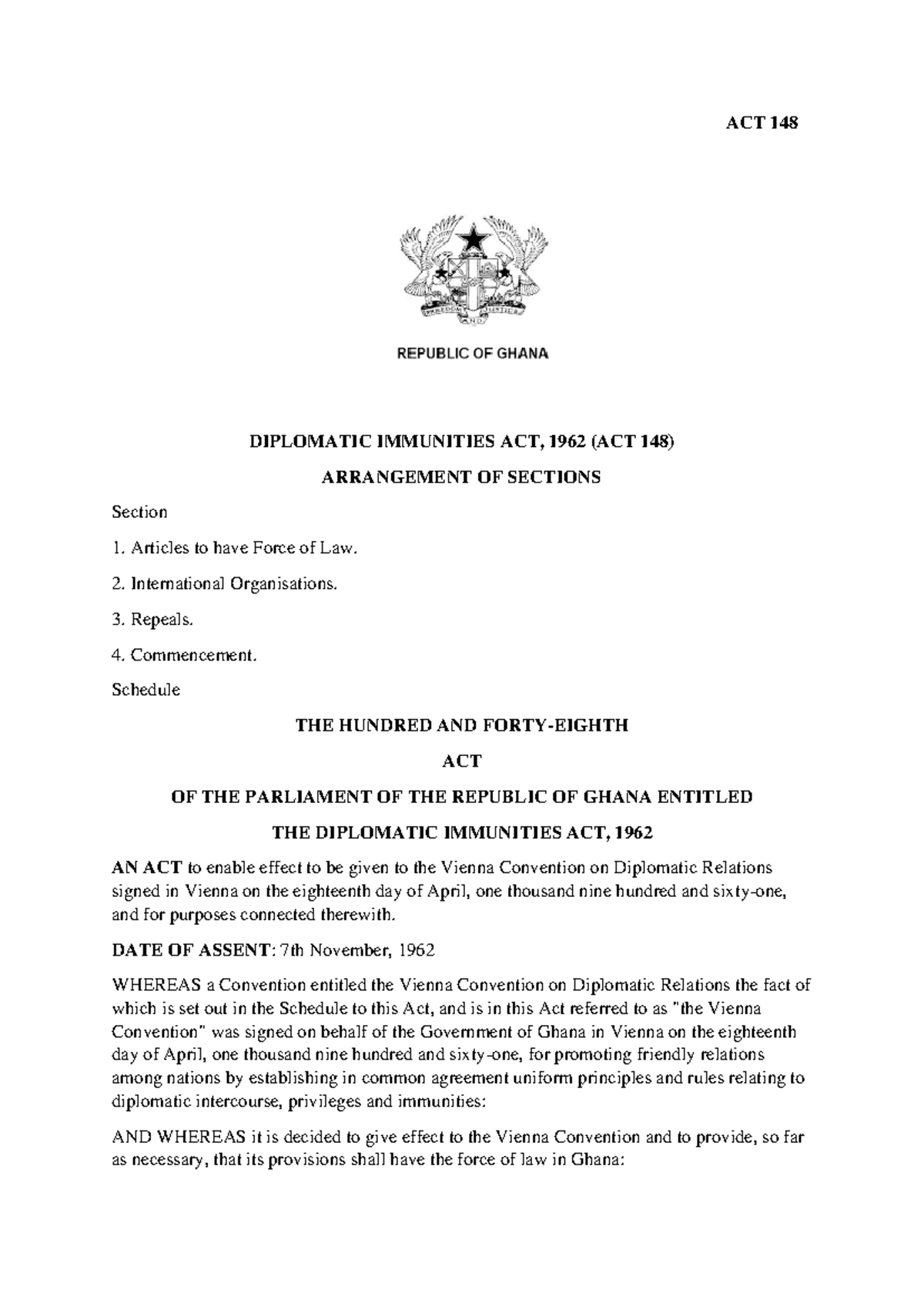 Revised Title: Diplomatic Immunities Act, 1962 (ACT 148) - Full Text ...