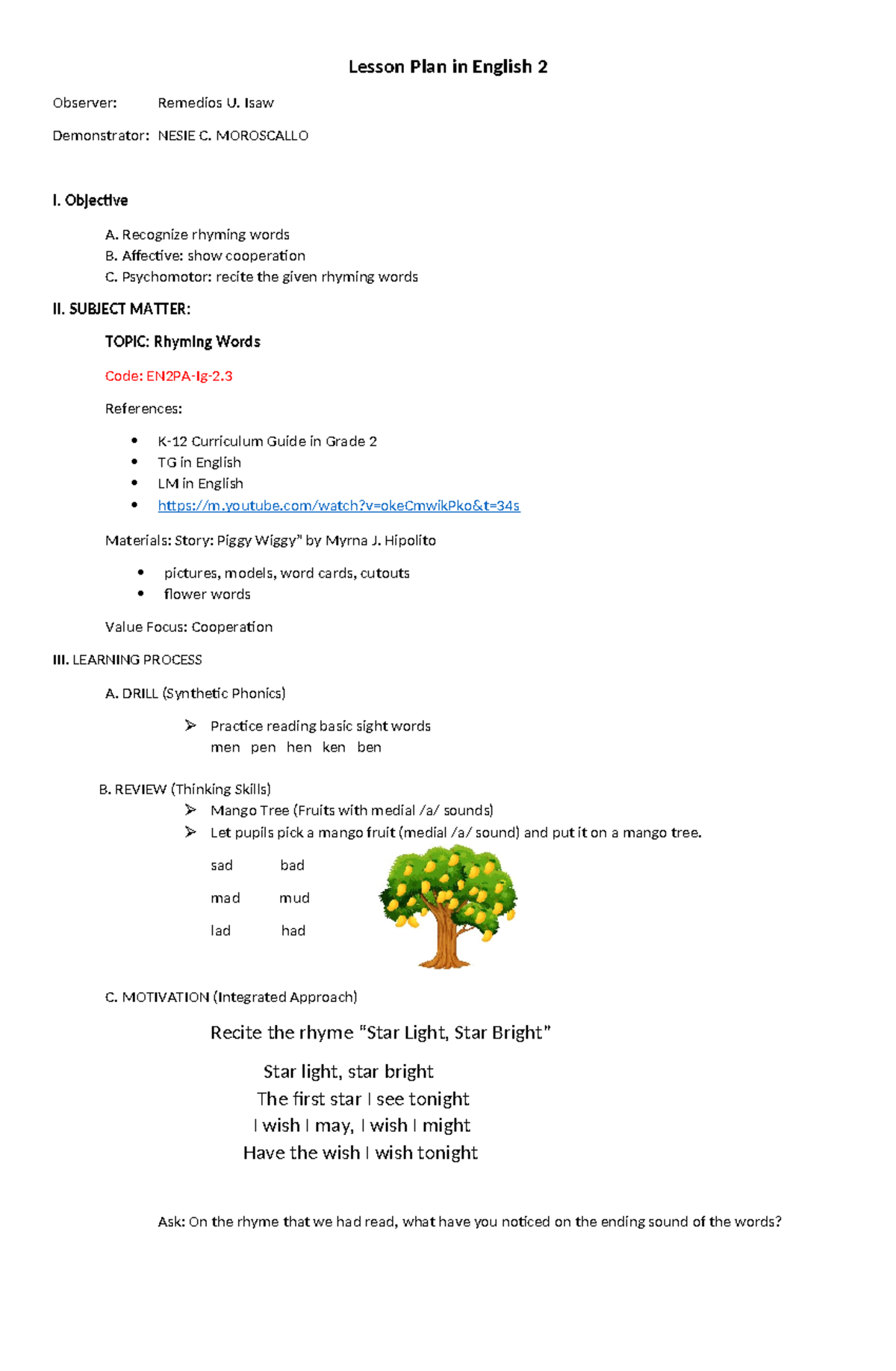 Lesson Plan for English 2: Exploring Rhyming Words (EN2PA-Ig-2) - Studocu