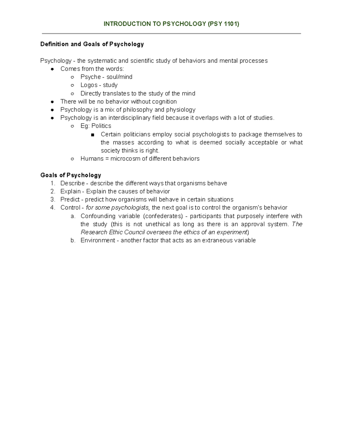 Psychology 101: Goals, Approaches, and Brain Functions Overview - Studocu