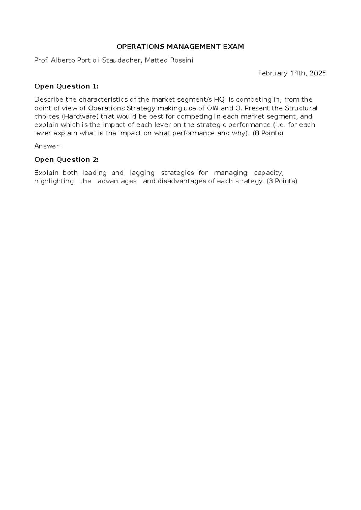 OPERATIONS MANAGEMENT EXAM 02-2025: Open Questions Analysis - Studocu