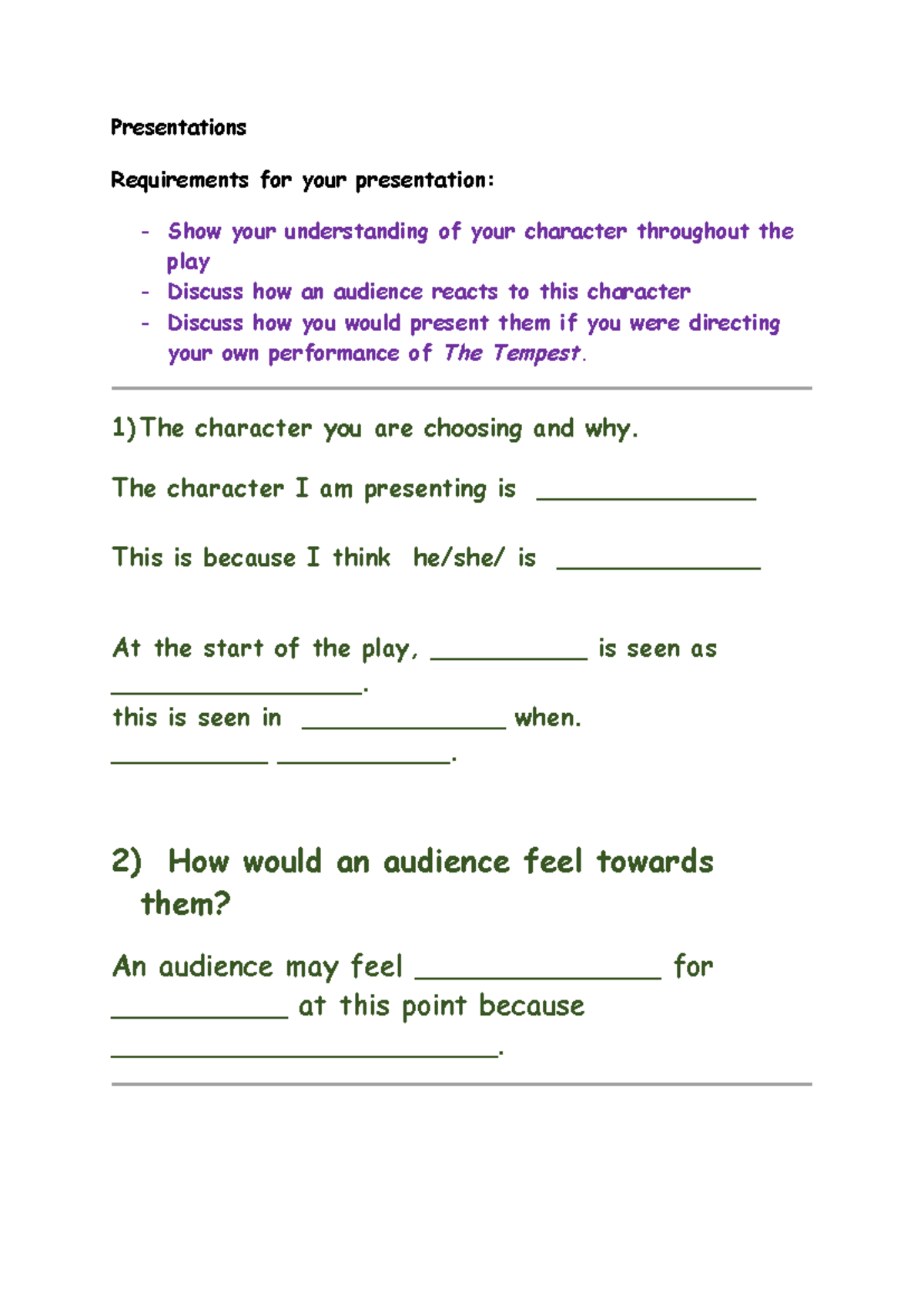 Tempest Assessment Prep: Character Presentation Guidelines - Studocu