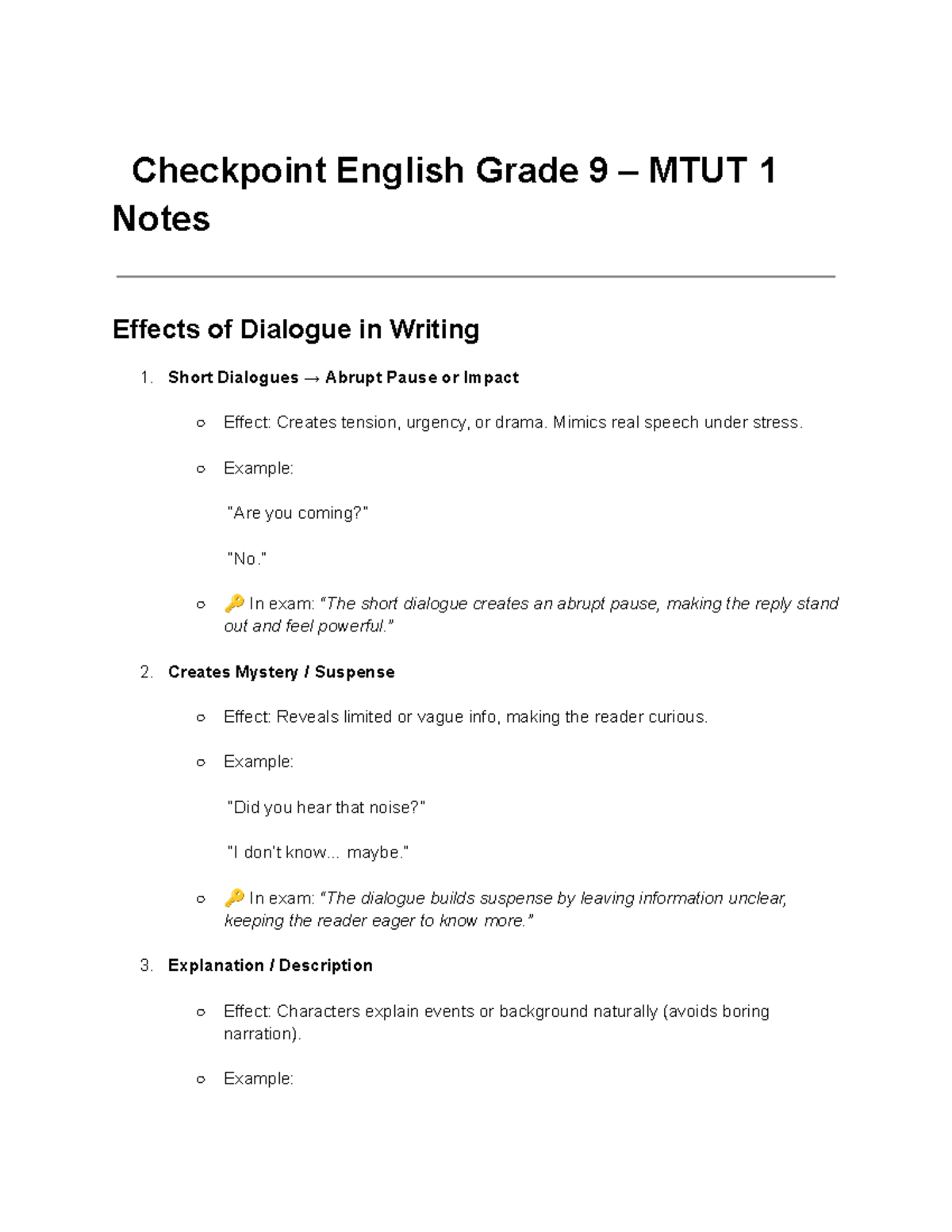 Checkpoint English Grade 9 MTUT 1 Notes: Effects of Dialogue and ...