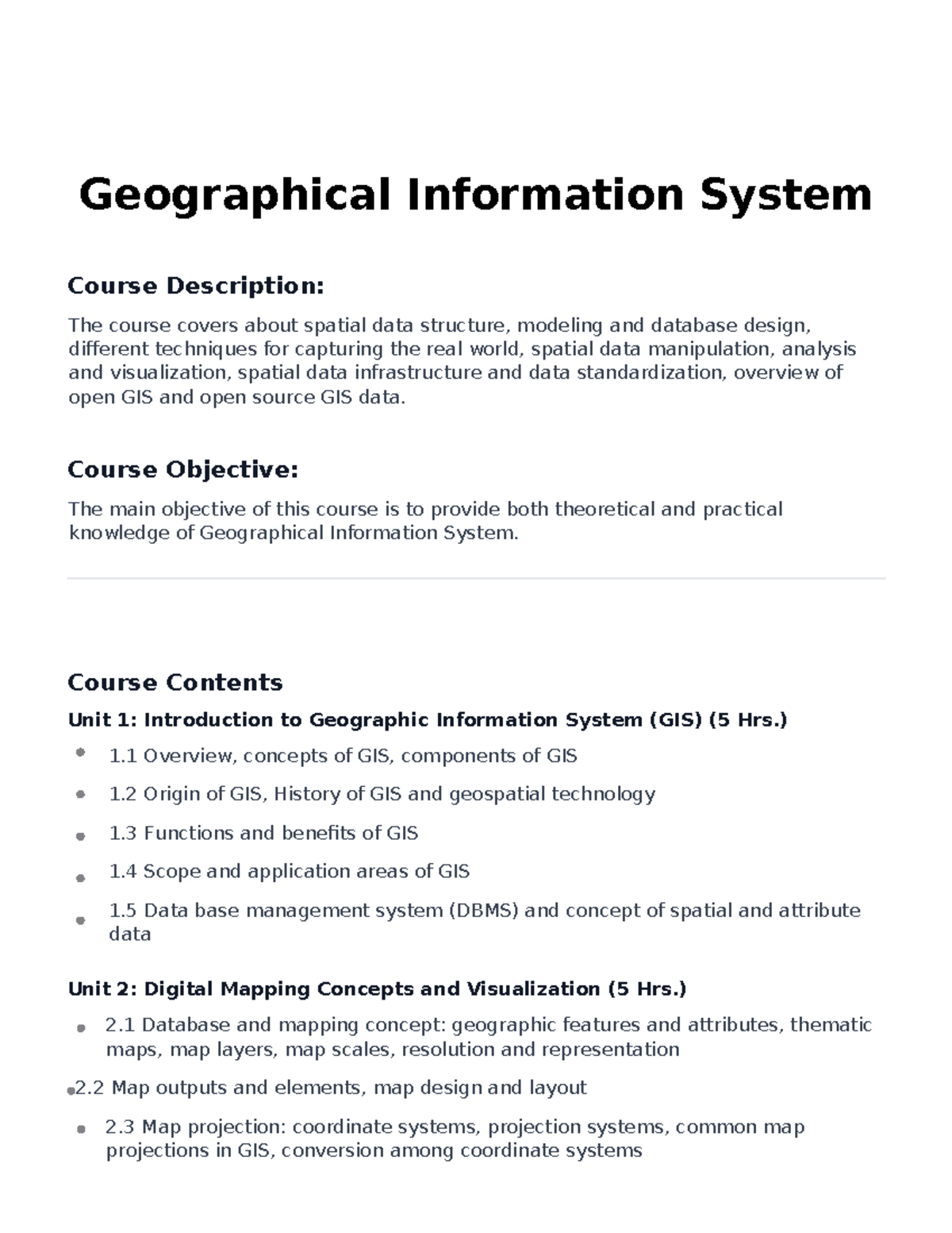 GIS 101: Comprehensive Syllabus for Geographical Information Systems - Studocu