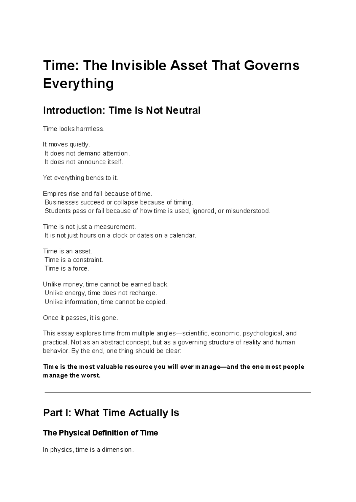 Time: The Invisible Asset Governing Human Behavior and Decisions - Studocu