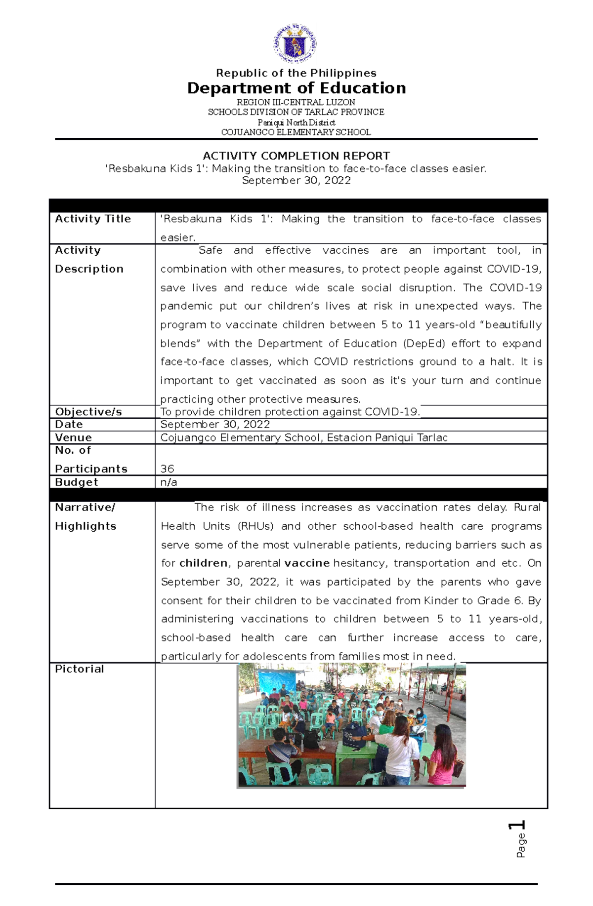 Activity- Completion- Report vaccination - Republic of the Philippines ...