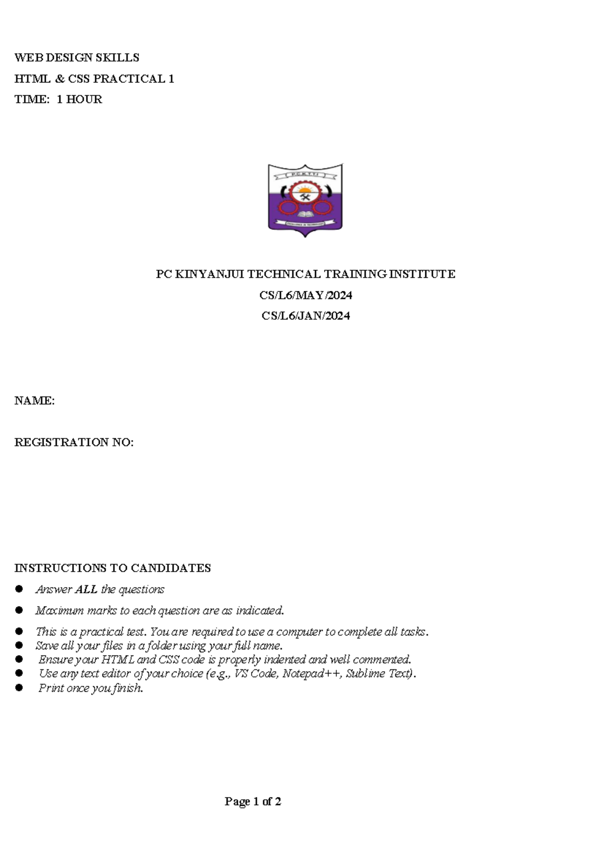 WEB DESIGN LEVEL 6 PRACTICAL TEST: HTML & CSS - Studocu