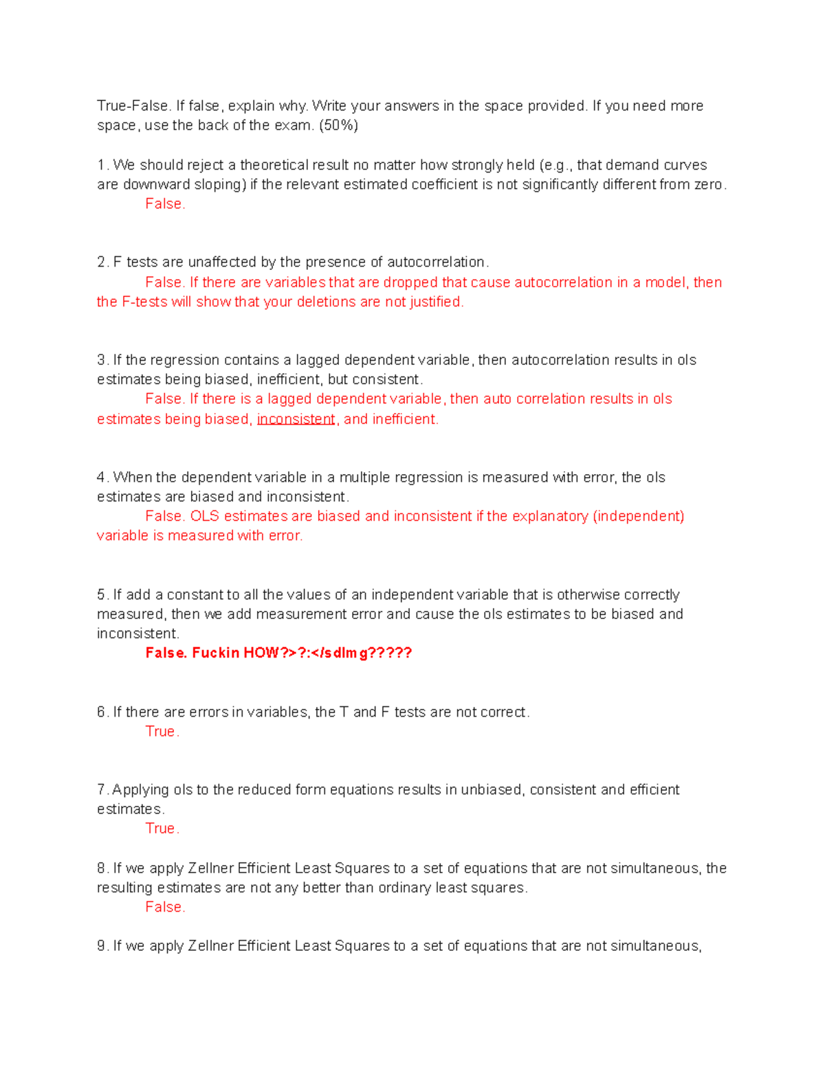 Final Exam Qs for Econometrics (Sample) - Analysis & Concepts - Studocu