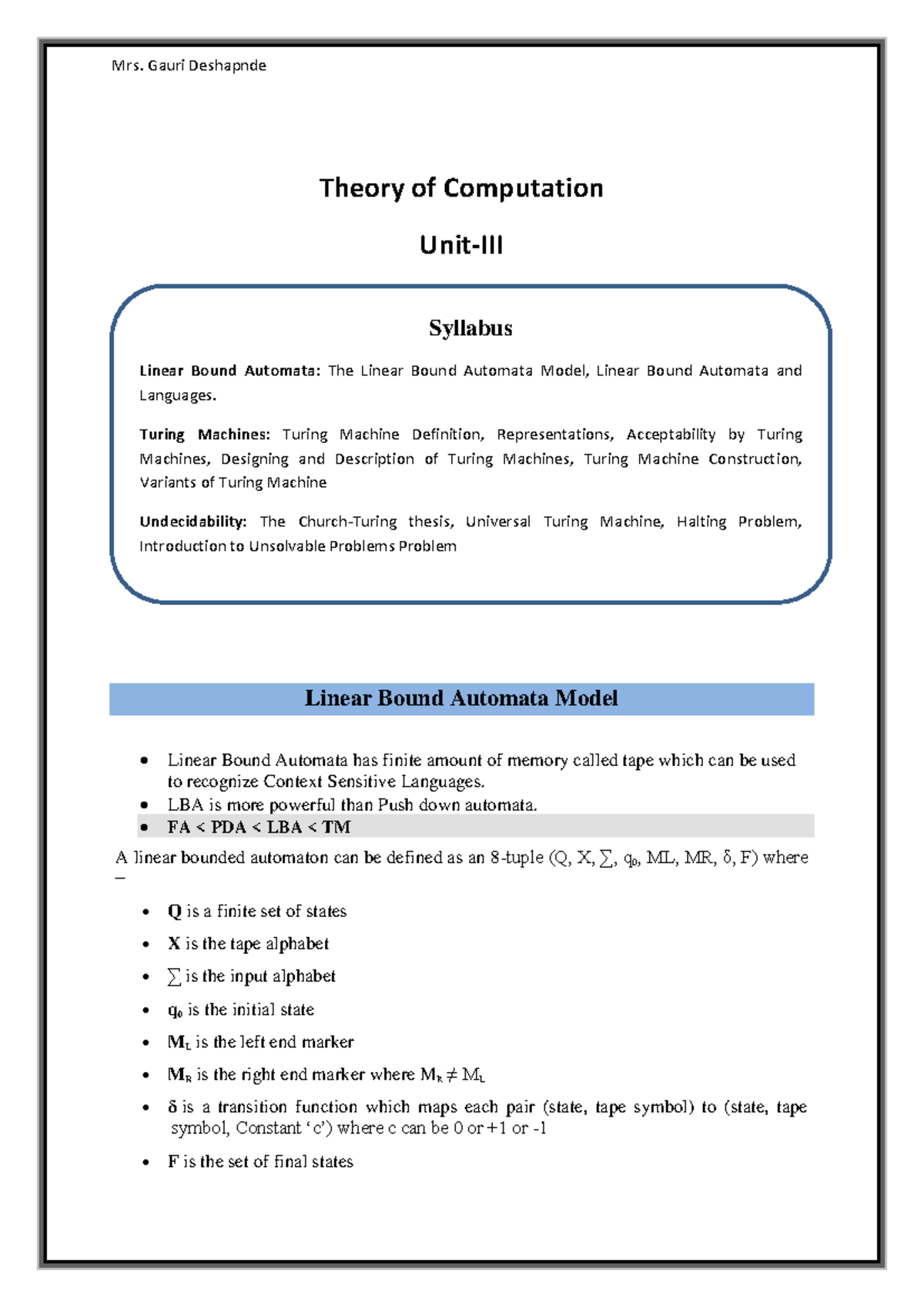 Theory of Computation Unit III: Linear Bounded Automata and Turing ...