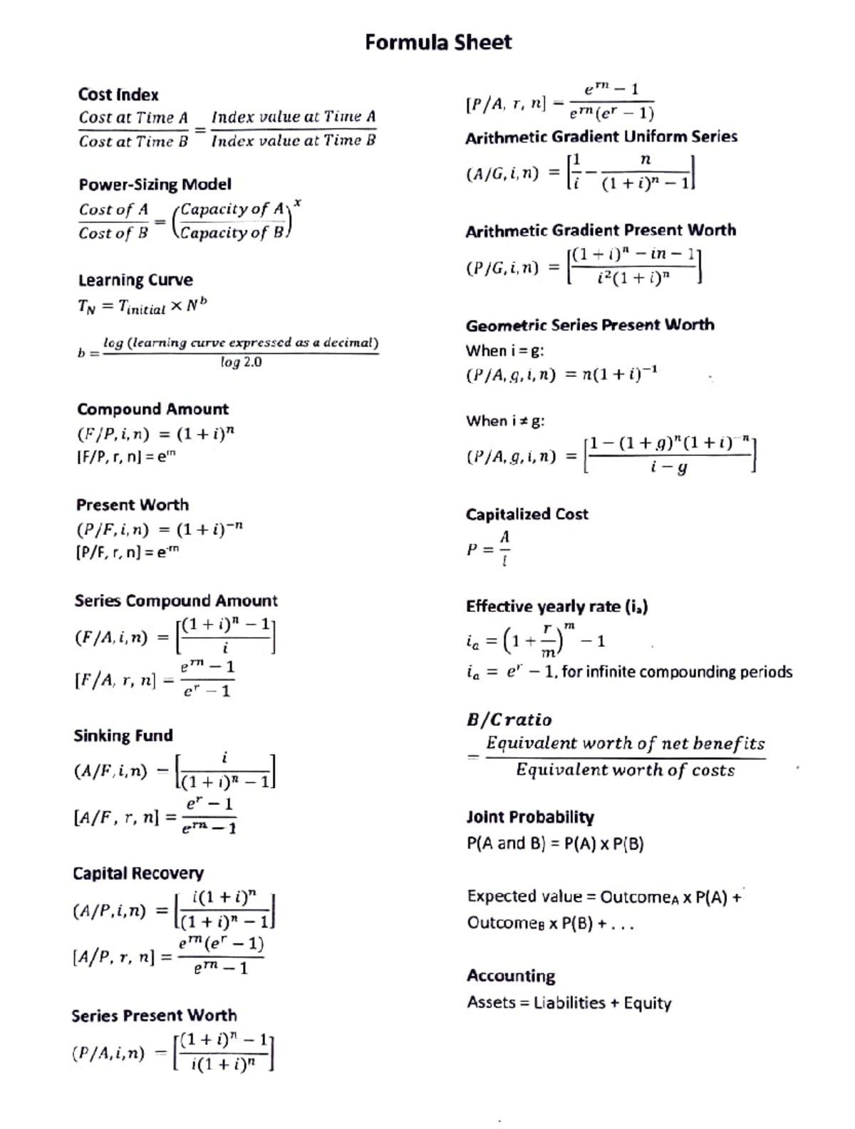 305 Engineering Formula Sheet for Accounting & Cost Analysis - Studocu