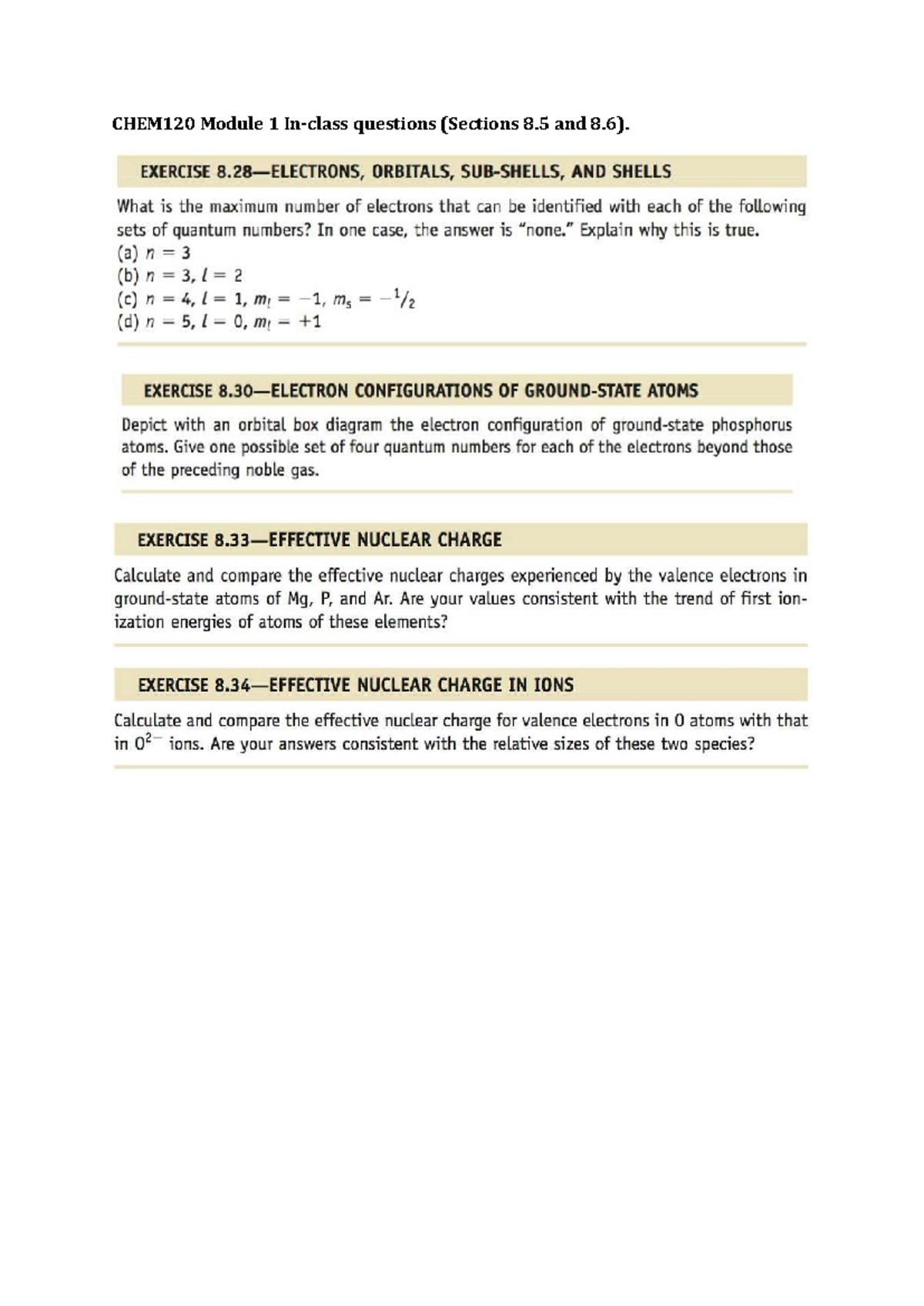 W3 exercises 8.5 and 8.6 L3 - CHEM120 Module 1 In-class questions ...