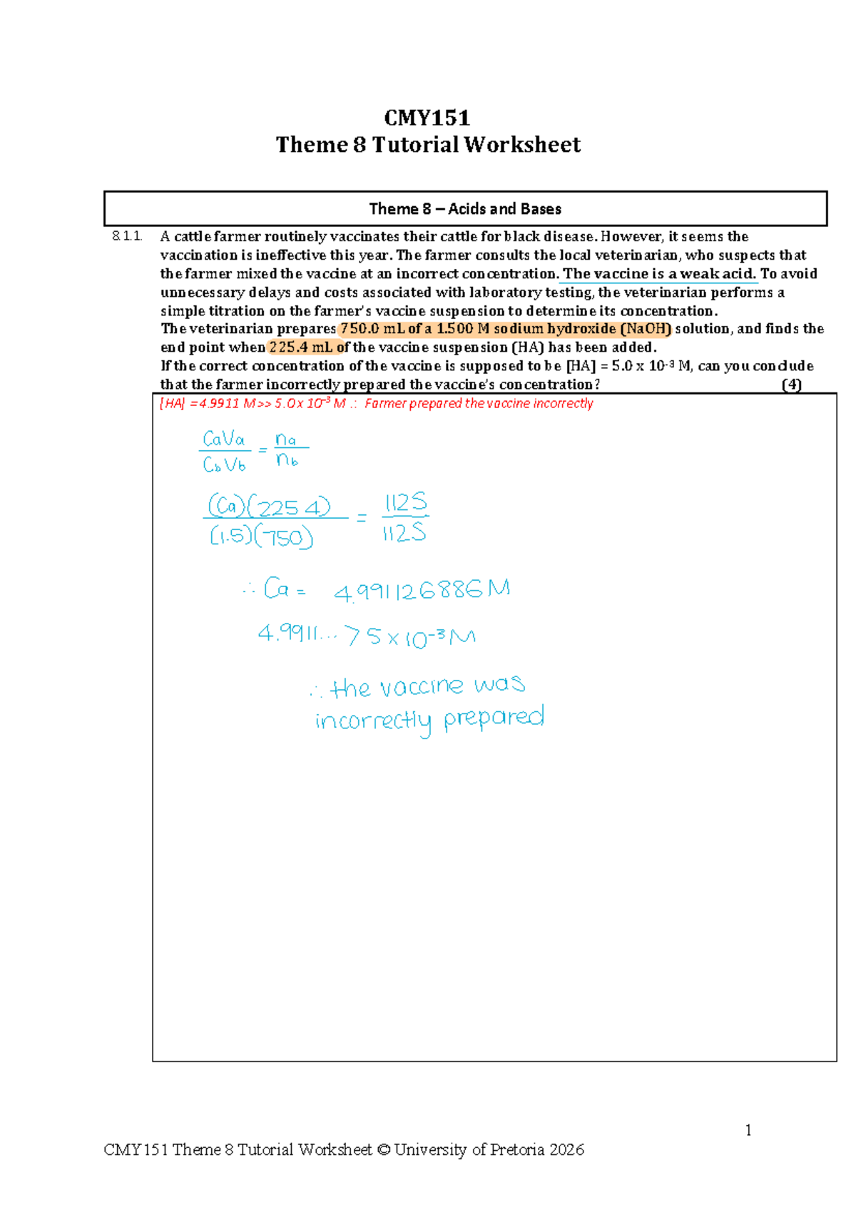 CMY151 Theme 8 Tutorial Worksheet: Acids and Bases Analysis - Studocu