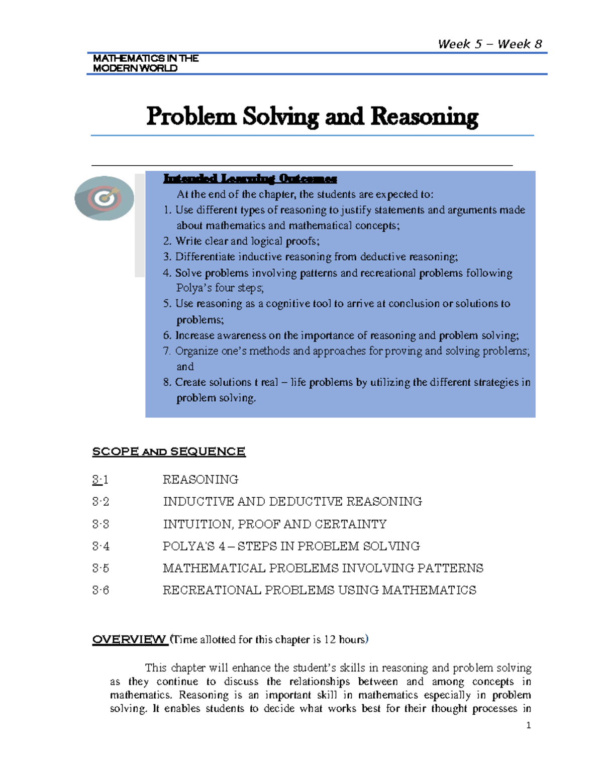 Week 5-8 MATHEMATICS IN THE MODERN WORLD: Problem Solving & Reasoning - Studocu