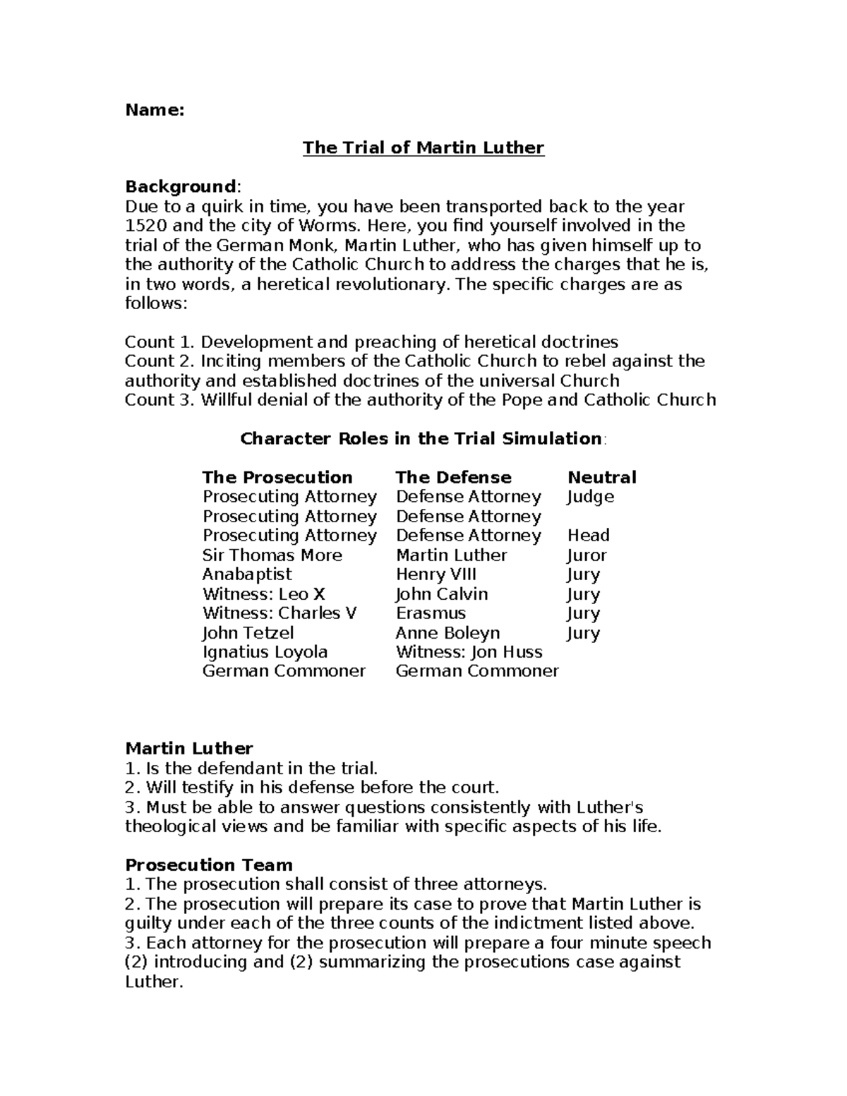 Trial of Martin Luther (HIST 101): Simulation Project Overview - Studocu