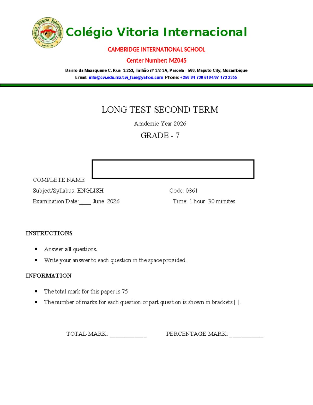 Grade 7 English Long Test 0861 - June 2026 Exam - Studocu