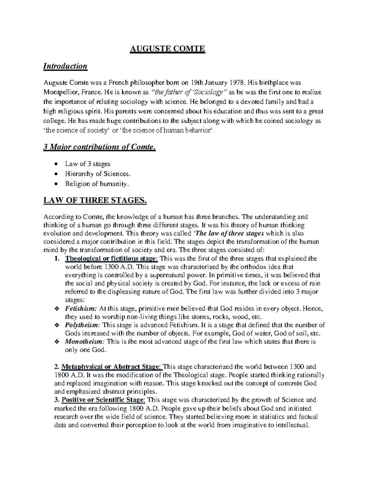 Auguste Comte: Key Concepts and Theories - Lecture Notes - Studocu