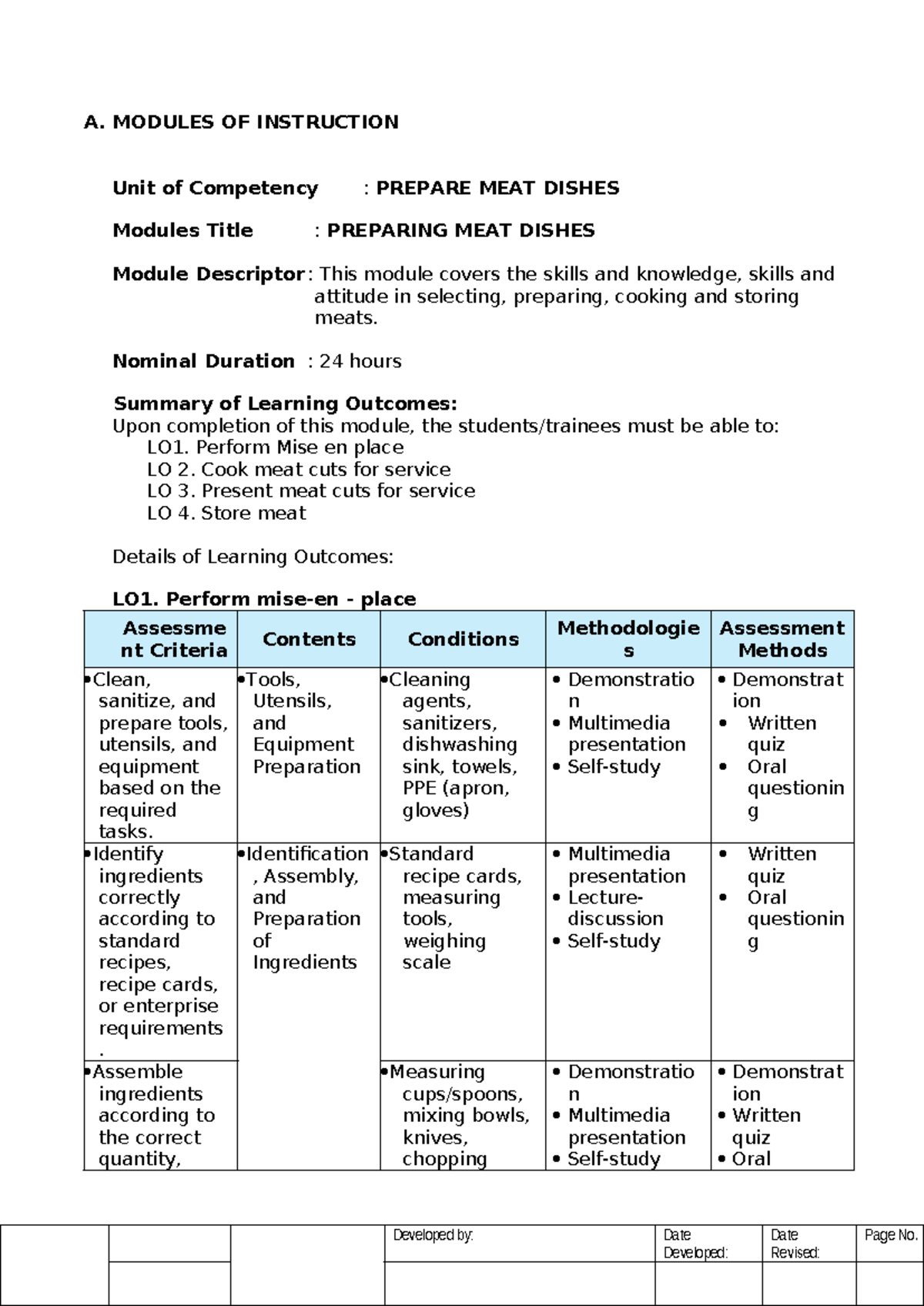 Modules of Instruction - Meat Preparation (Culinary Arts) - Studocu
