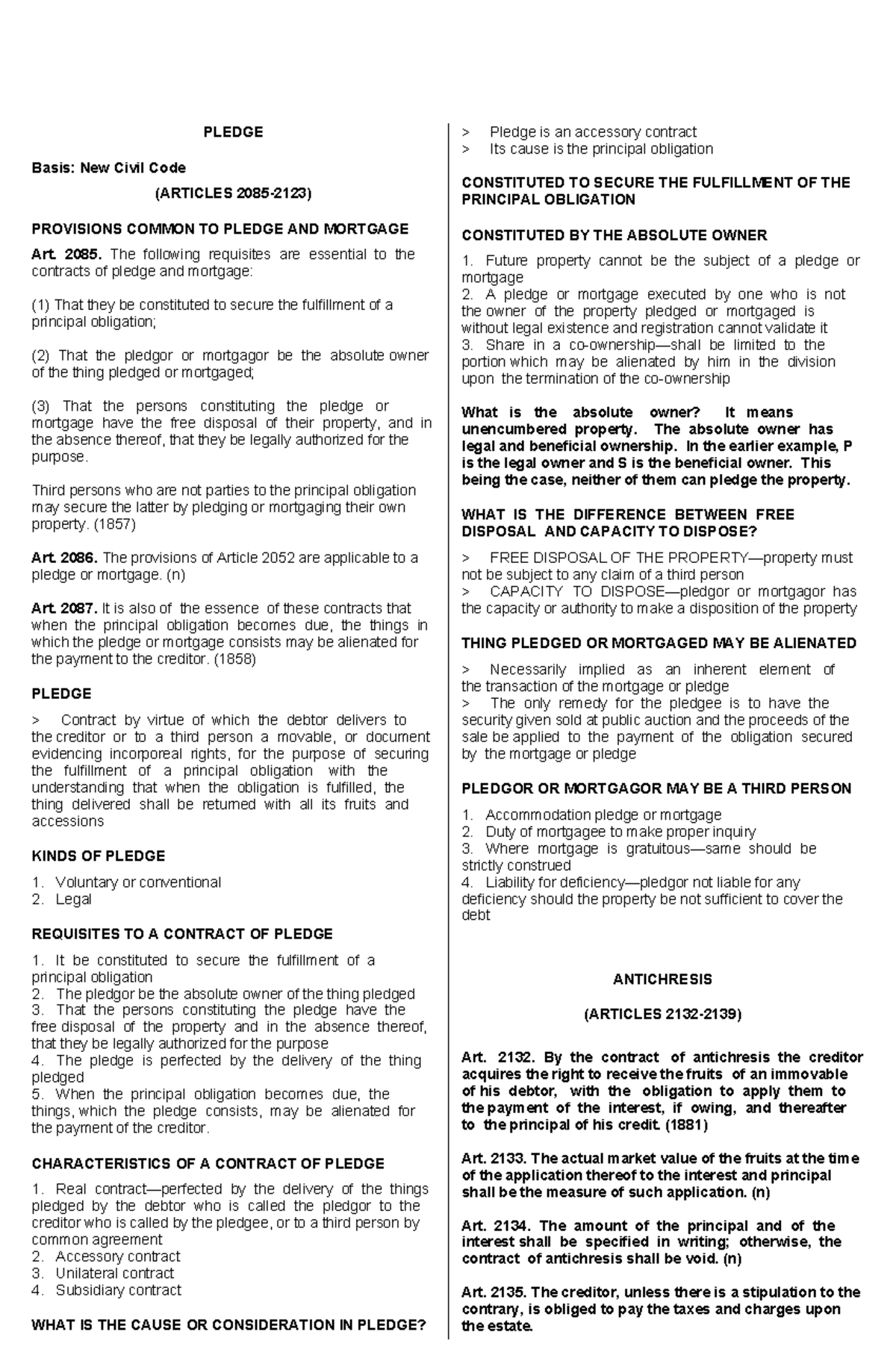 Notes on Pledge and Antichresis - PLEDGE Basis: New Civil Code ...