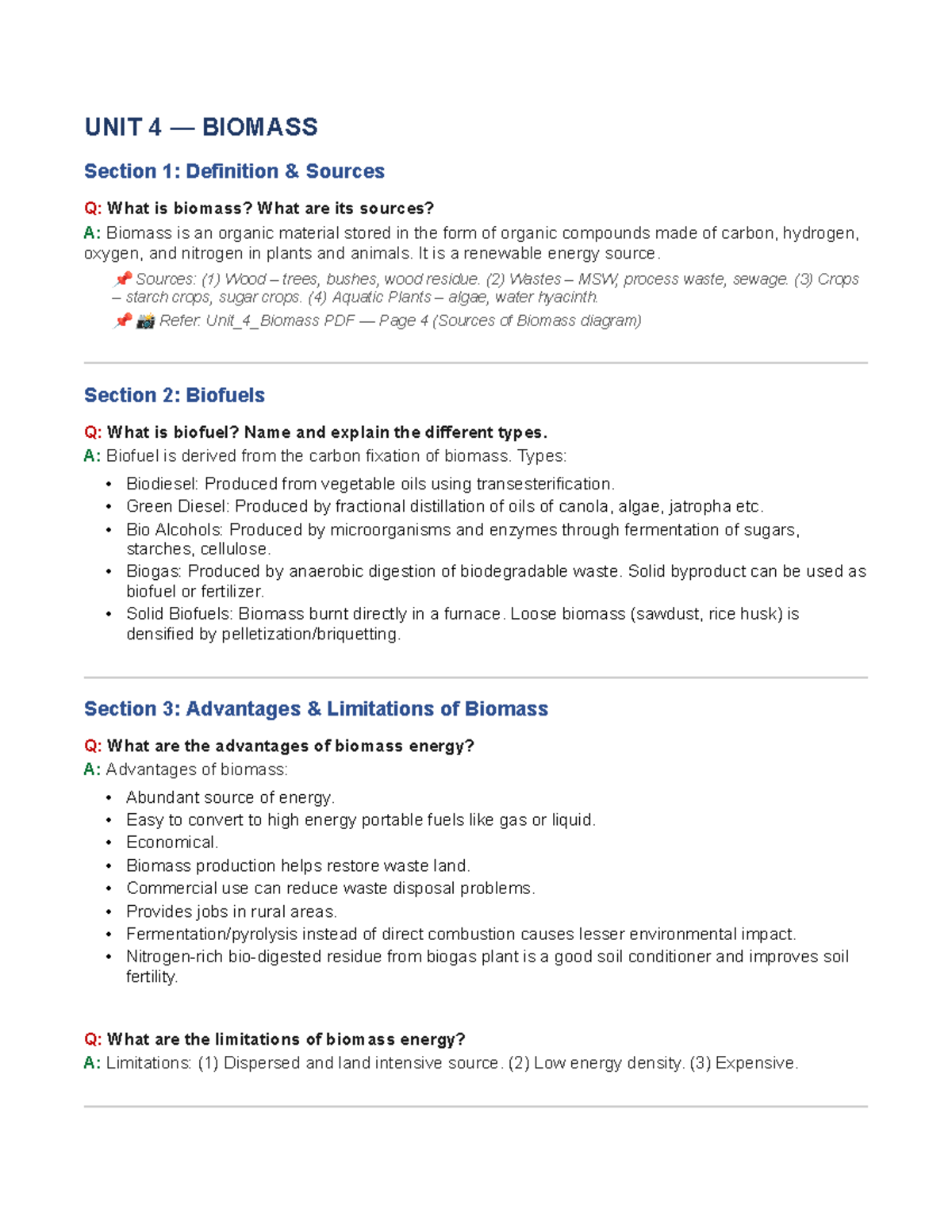 Exam QA Full Guide - UNIT 4 BIOMASS & UNIT 5 FUEL CELLS - Studocu