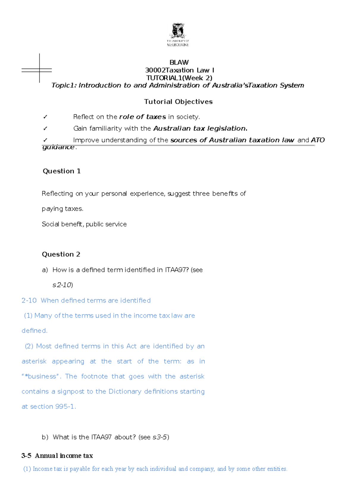 Tutorial 1 (Week 2) - note - BLAW 30002Taxation Law I TUTORIAL1(Week 2 ...