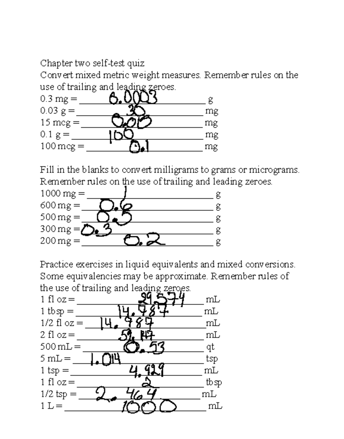 Med + Math Worksheet: Ch 2 Metric & Household Measurement Quiz - Studocu