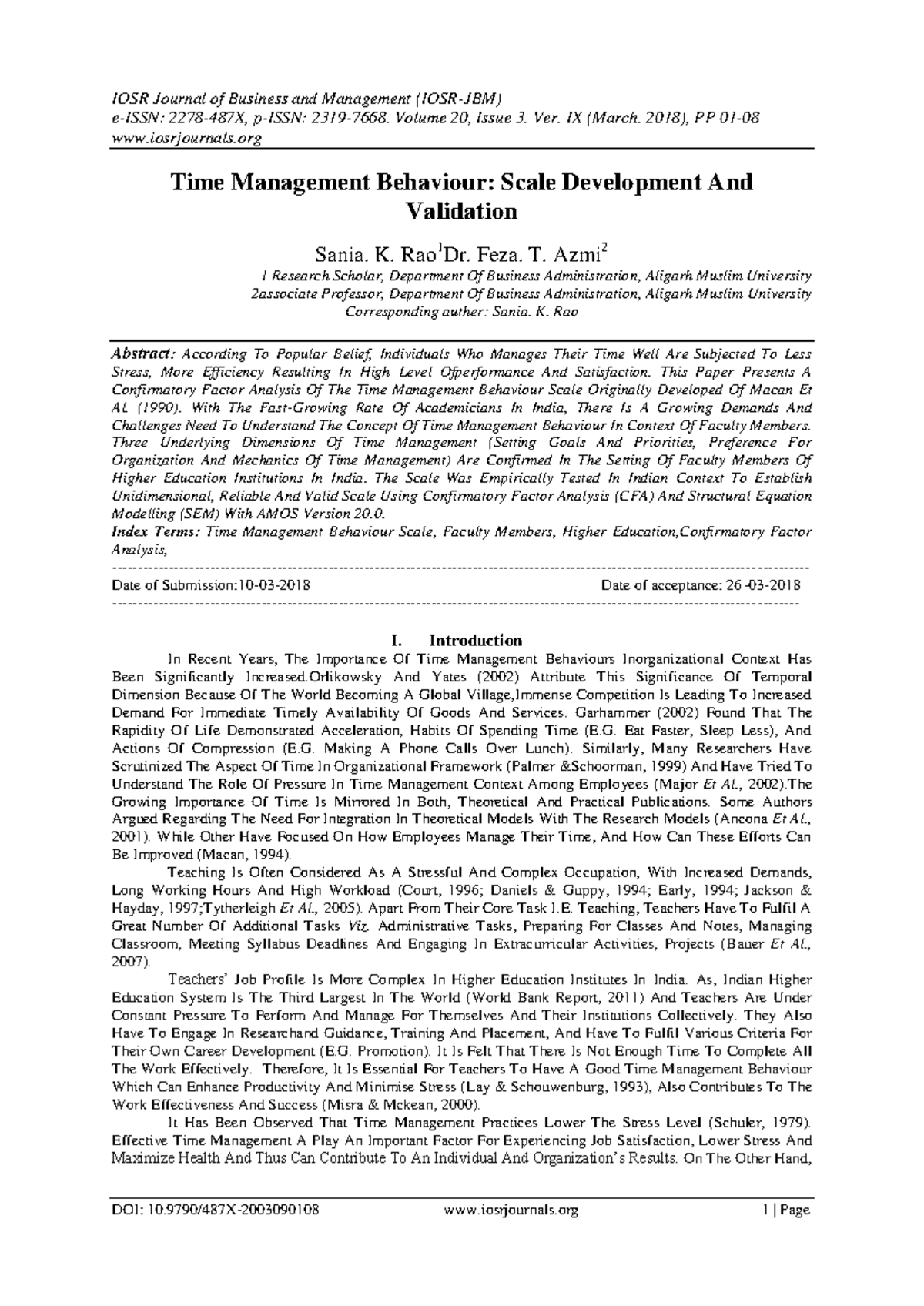 Time Management Behaviour: Scale Development & Validation (IOSR-BM 20.3 ...