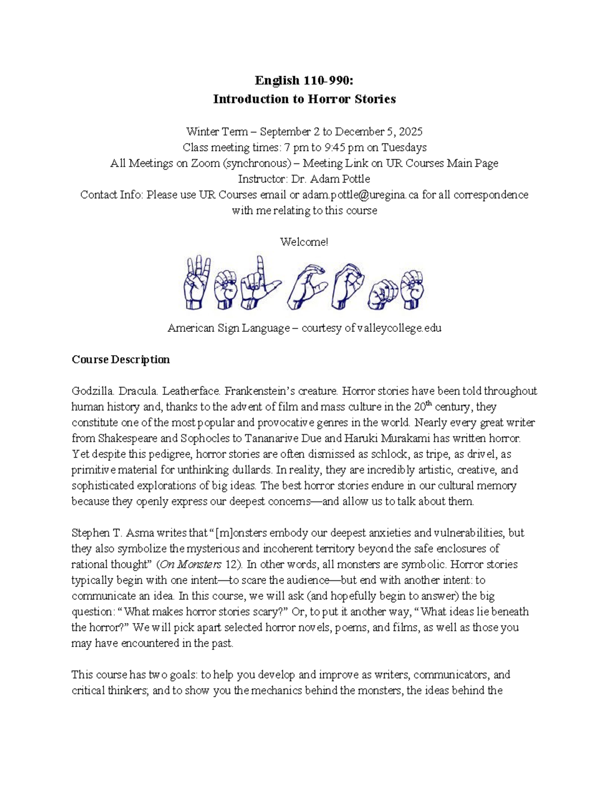 English 110: Introduction to Horror Stories Syllabus - Fall 2025 - Studocu