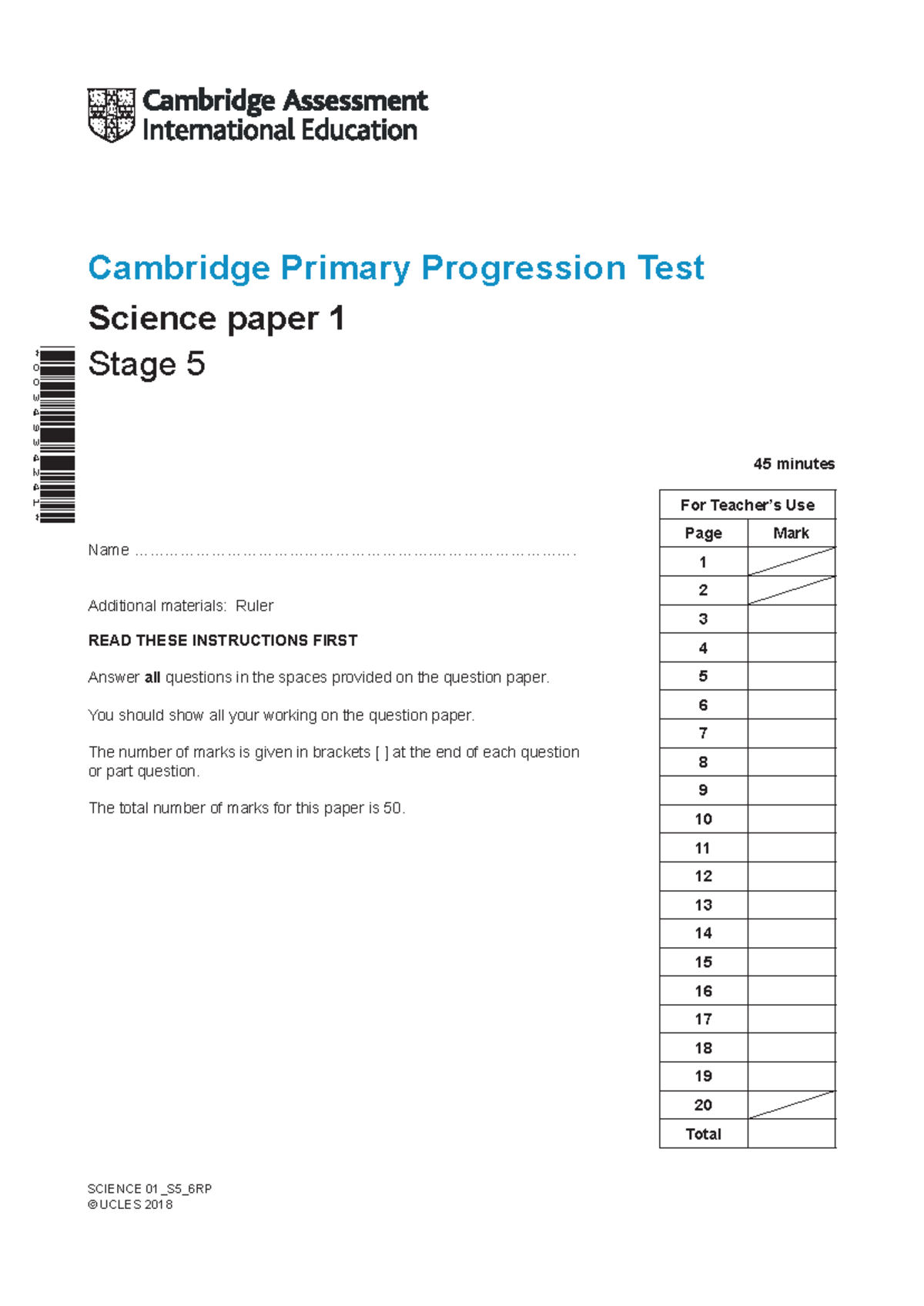 Cambridge Primary Progression Test - Science 2018 Stage 5 - Paper 1 ...