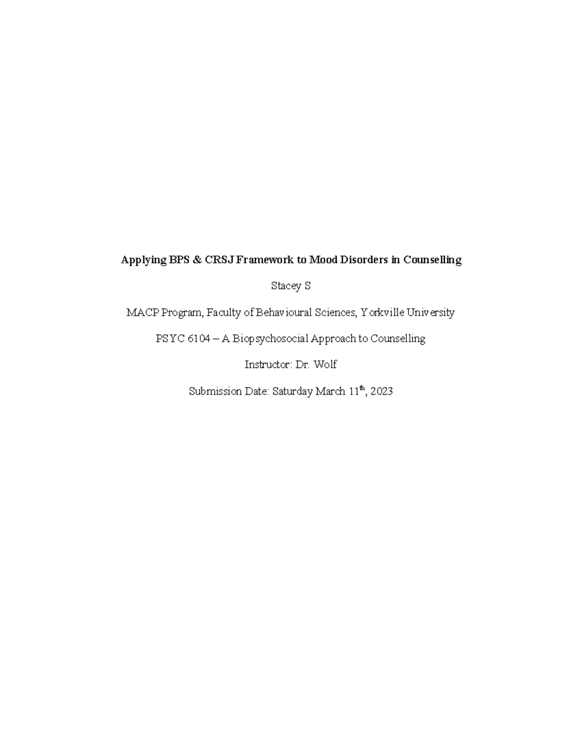 Applying BPS & CRSJ Framework in Counselling for Mood Disorders (PSYC ...