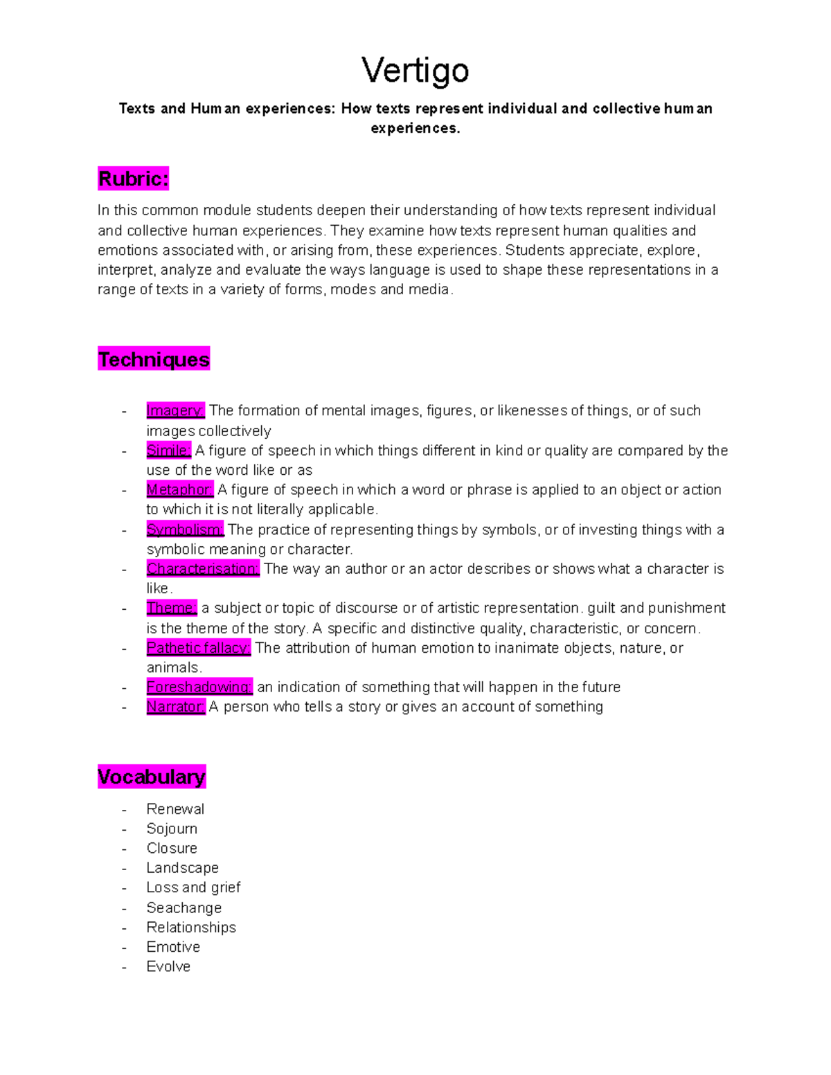 English Study Notes: Vertigo Module 1 Analysis & Techniques - Studocu