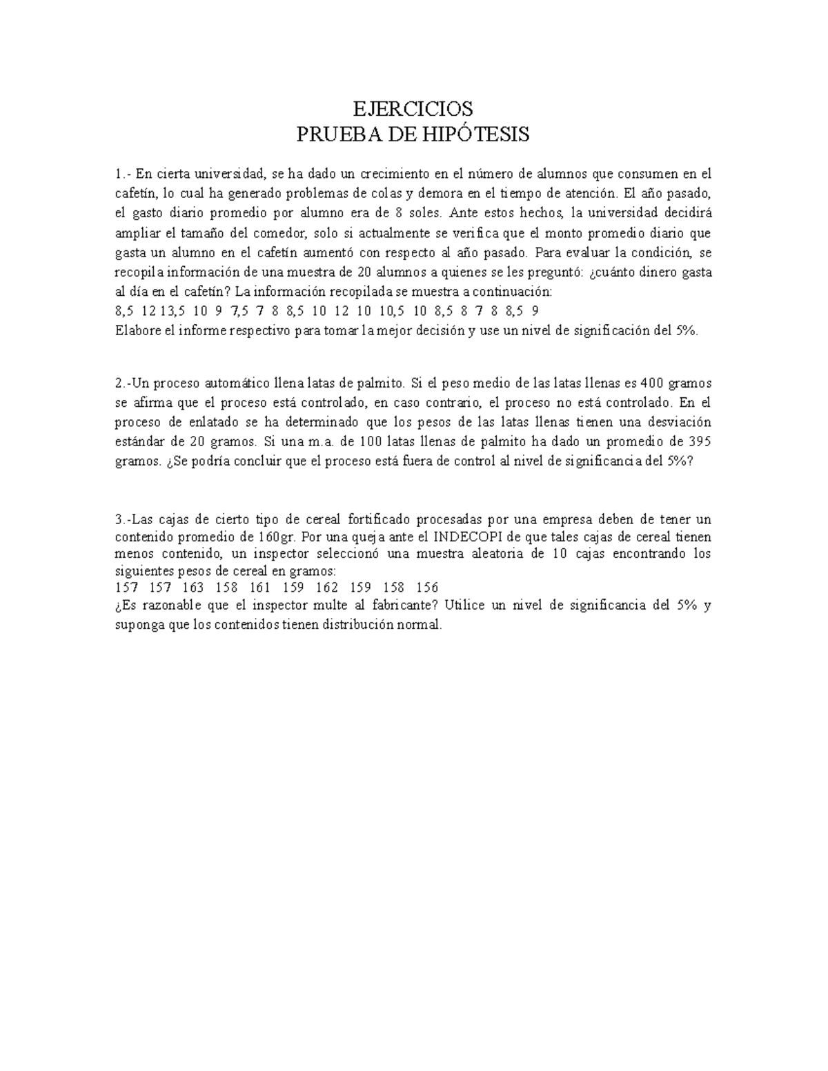 Ejercicios de Prueba de Hipótesis - Análisis Estadístico - Studocu
