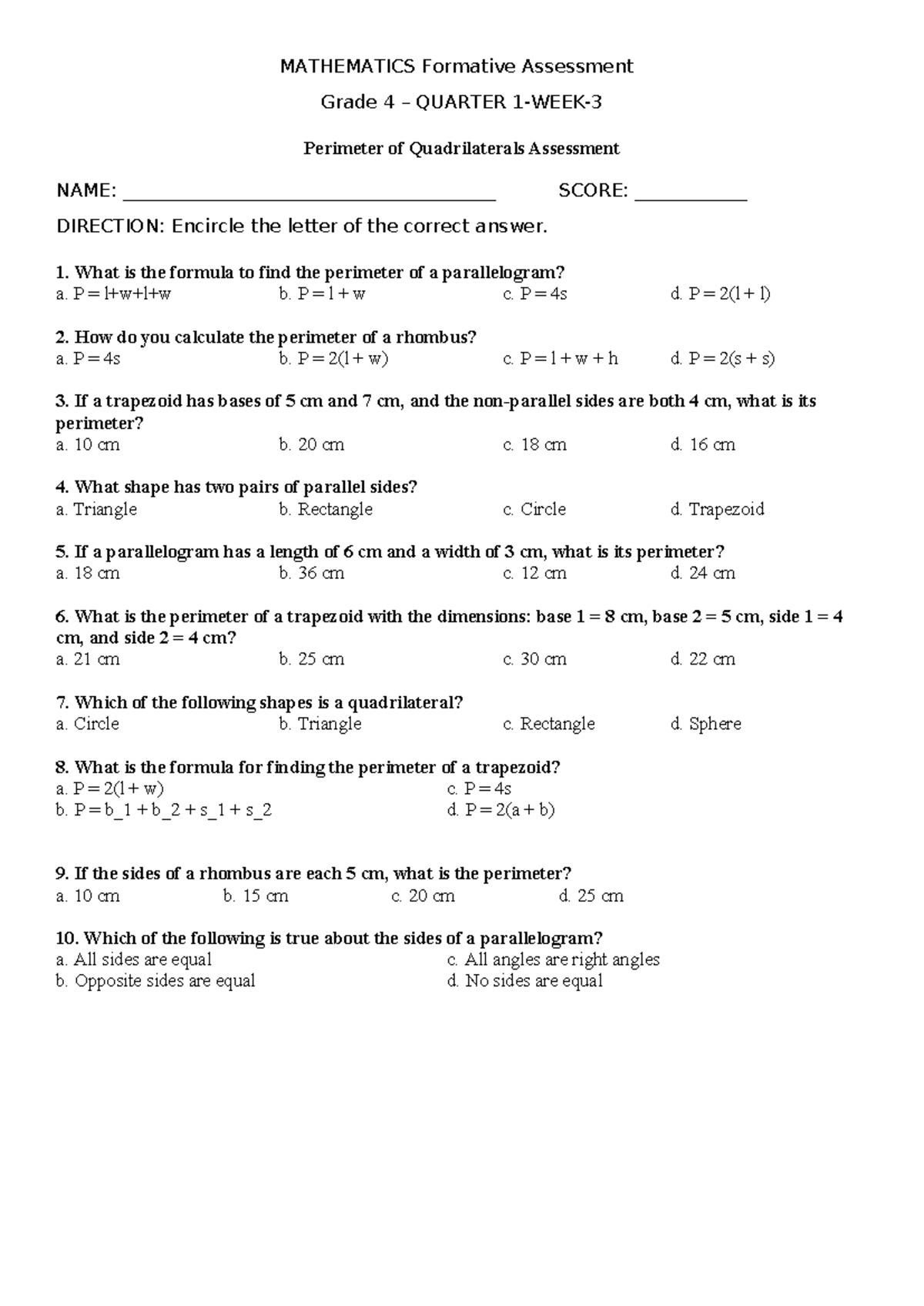 MATHEMATICS Formative Assessment Grade 4: Perimeter of Quadrilaterals ...