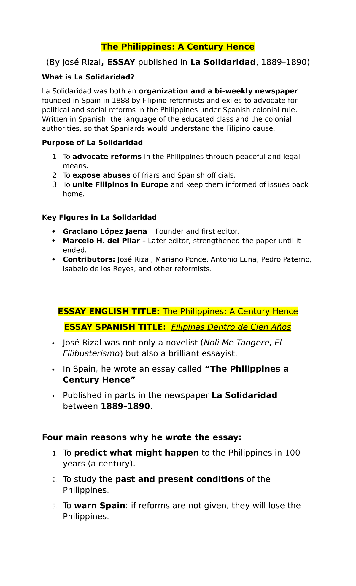 Lecture Reviewer: The Philippines a Century Hence (José Rizal) - Studocu