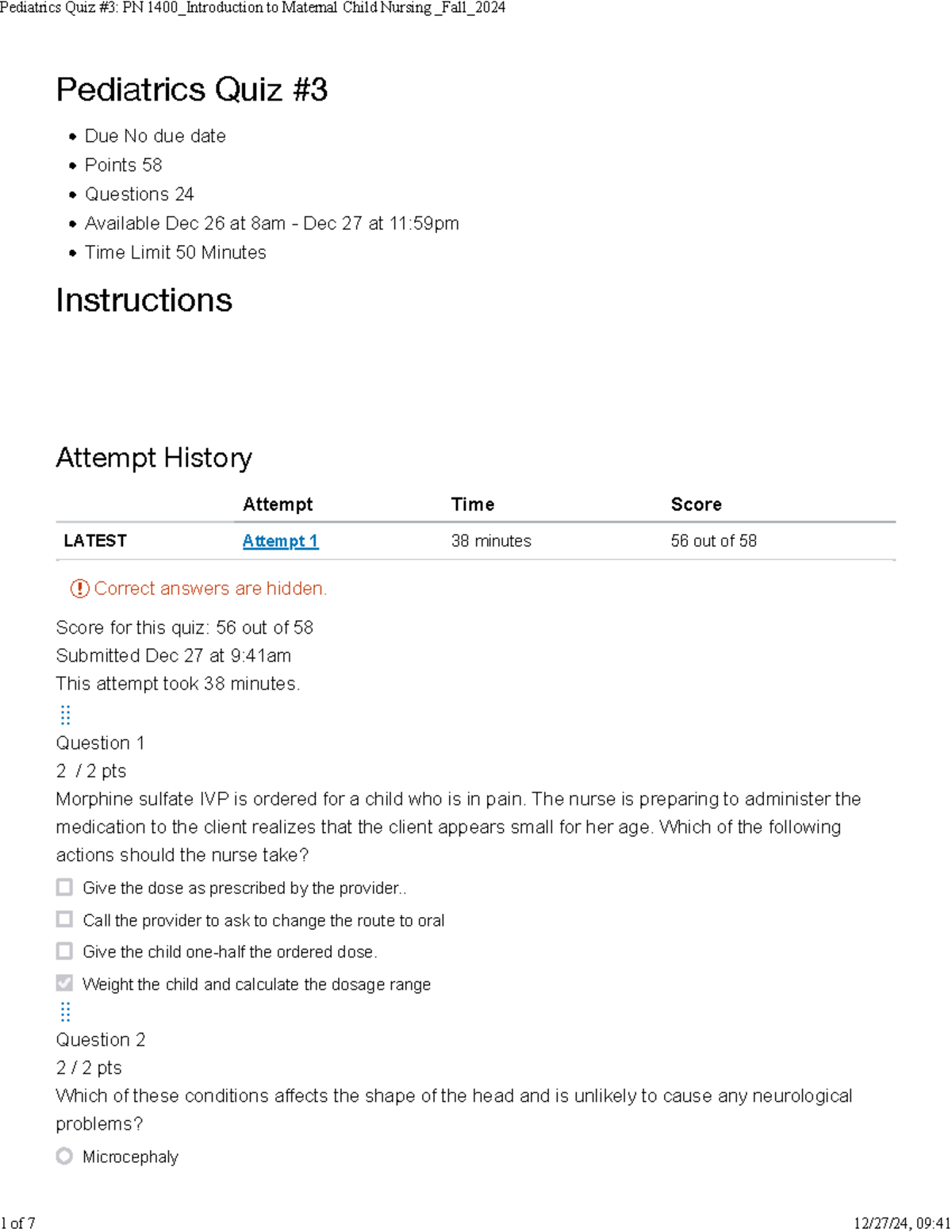 Pediatrics Quiz #3 PN 1400: Maternal Child Nursing Insights - Fall 2024 ...