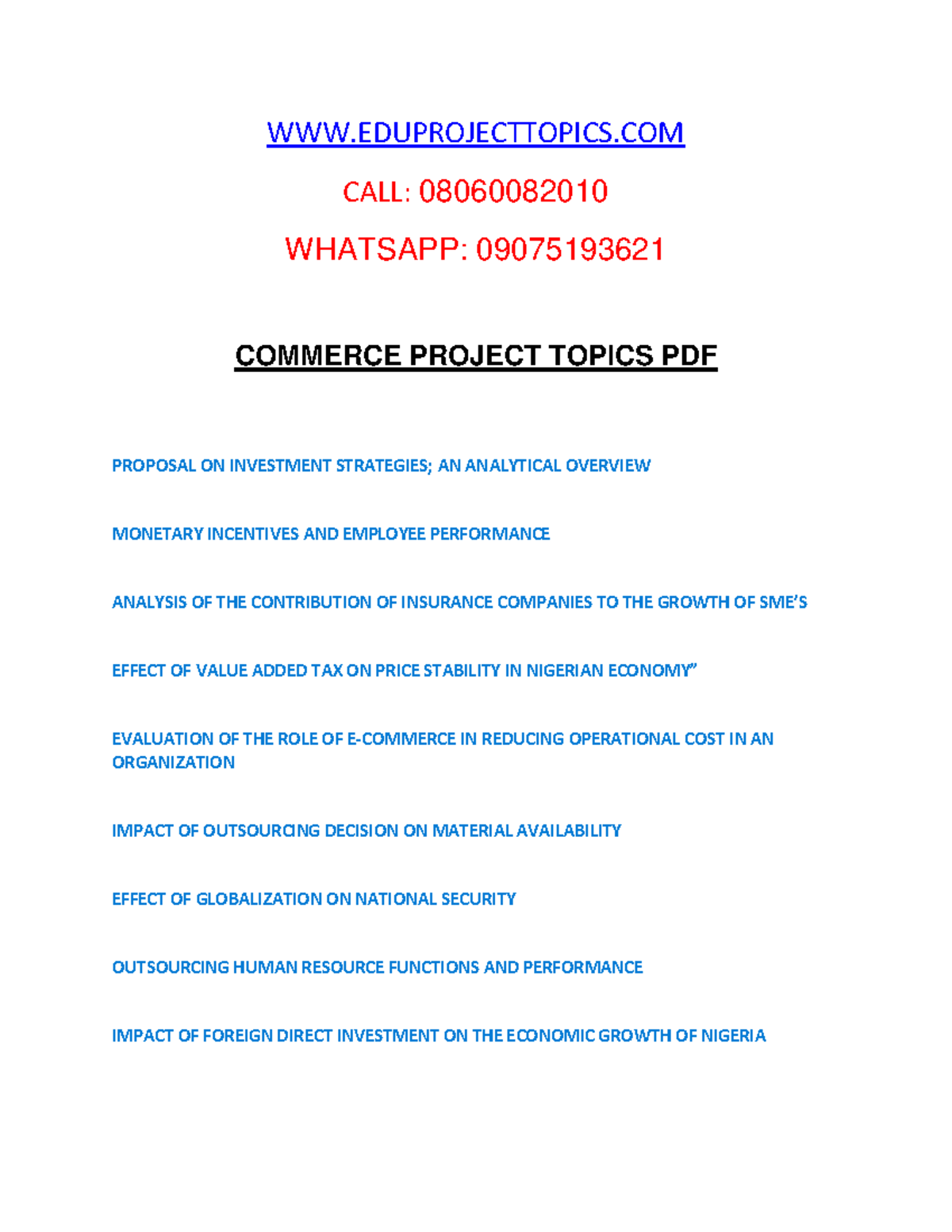 Commerce - Project Topics Overview and Analysis for Research - Studocu
