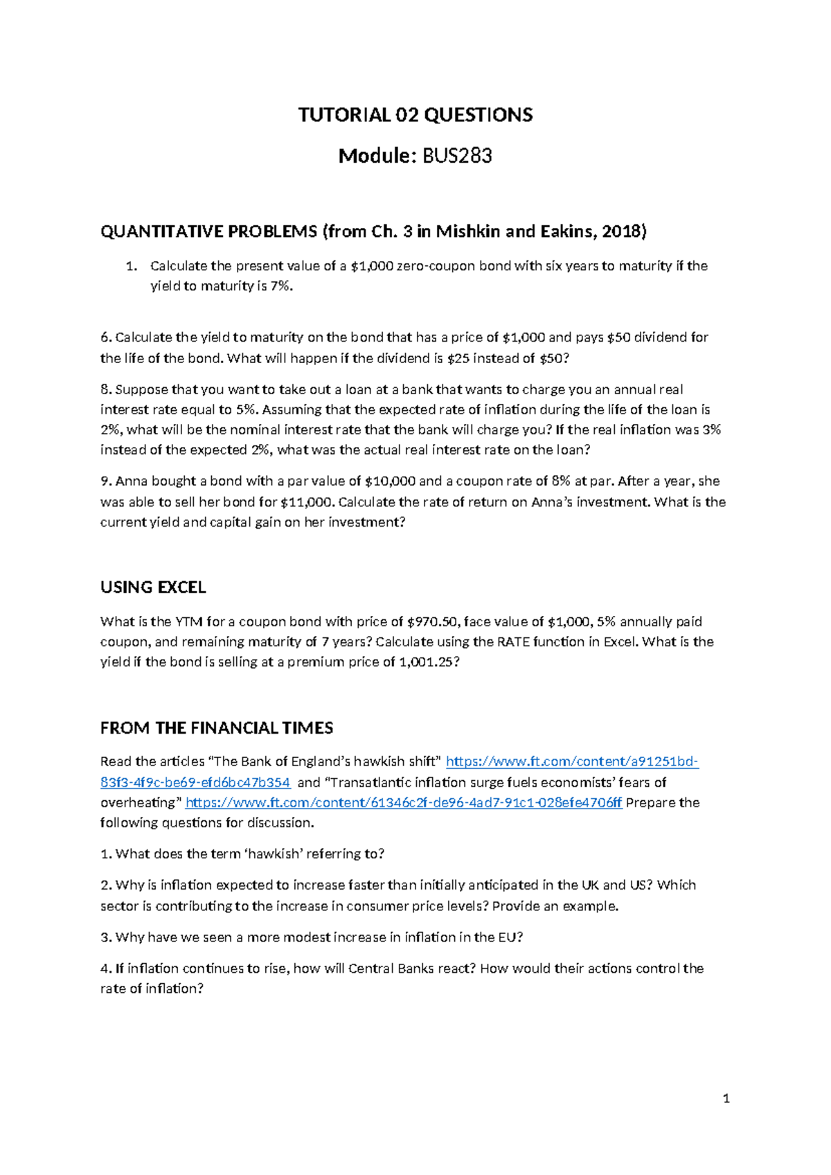 BUS283 Tutorial 02: Quantitative Problems & Discussion Questions - Studocu